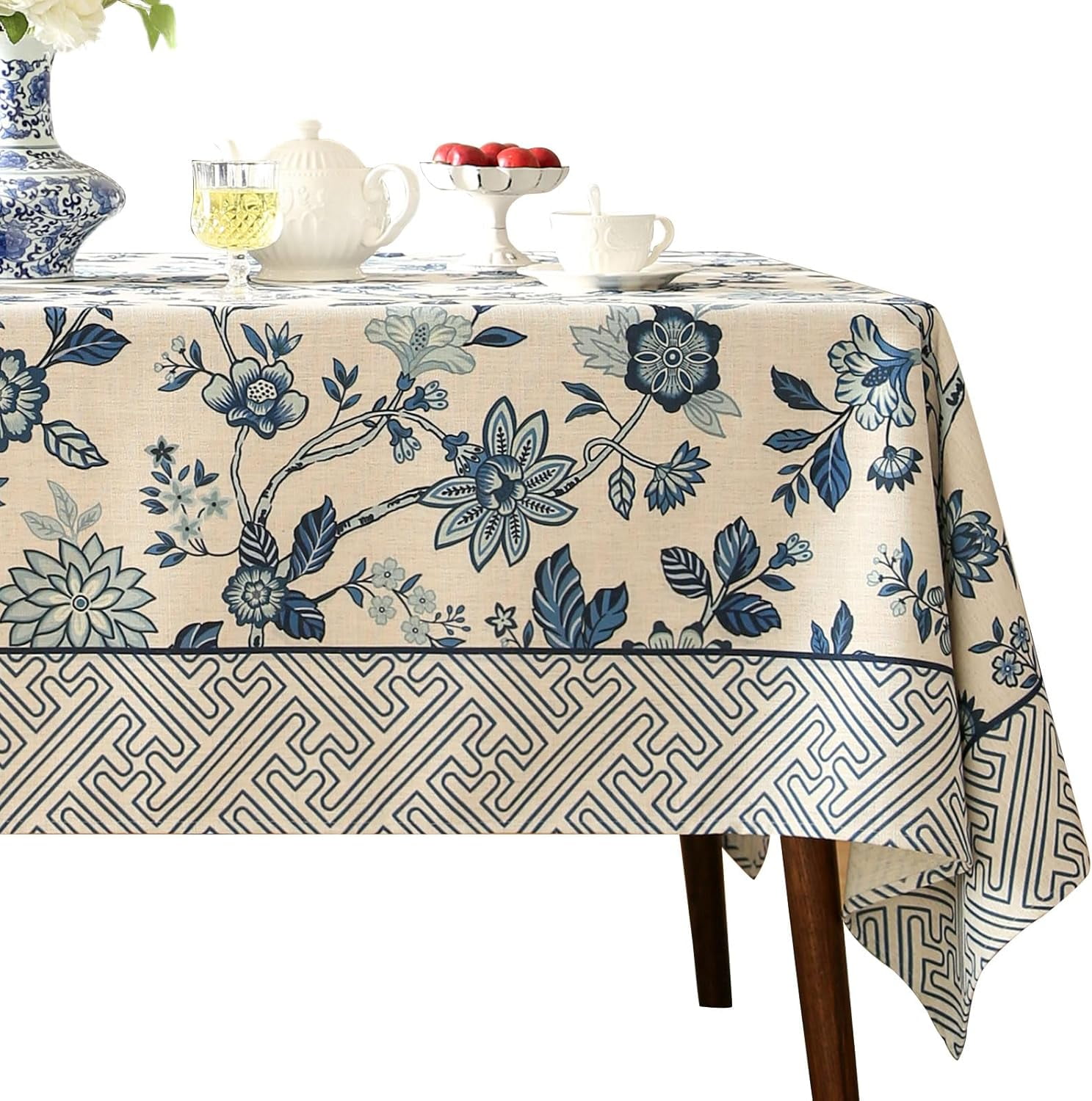 Designer French Linen Rectangle Tablecloth,Blue and White Floral Table ...