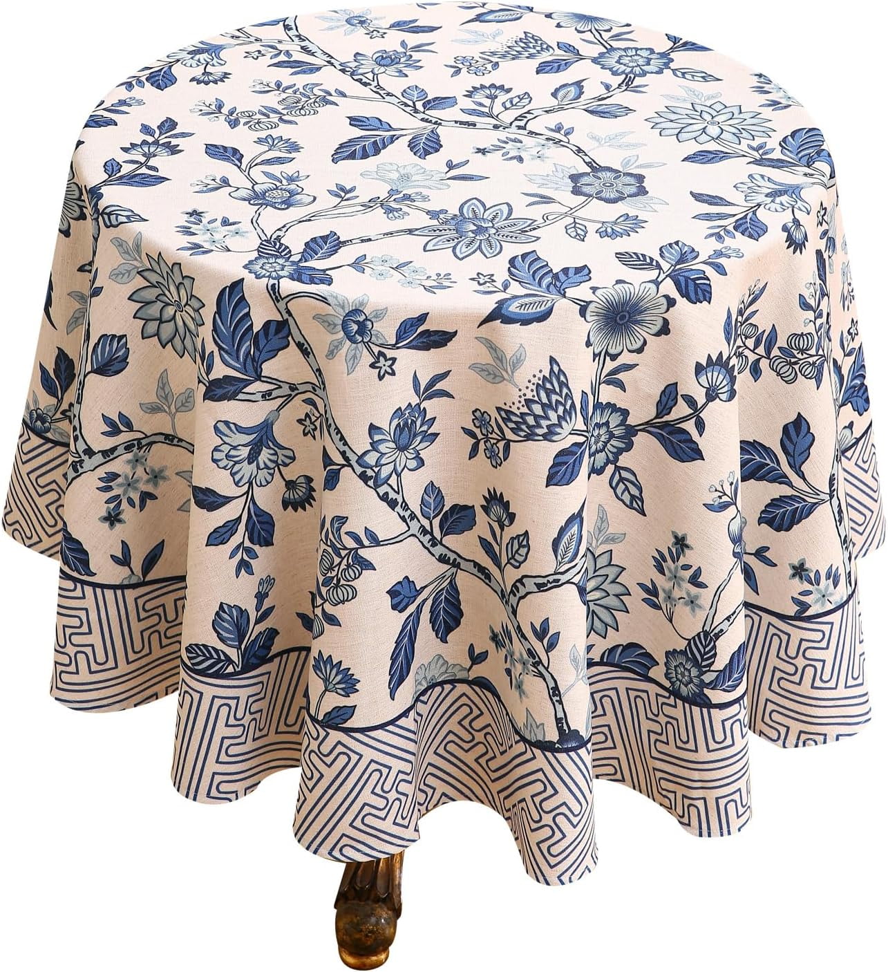 Designer French Linen Round Tablecloth,Blue and White Floral Table ...