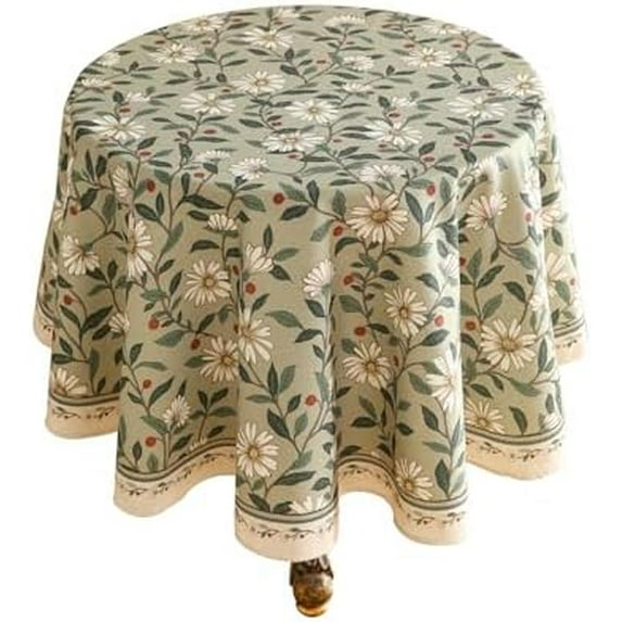 Designer Green Linen Round Tablecloth,Floral French Country Indoor ...
