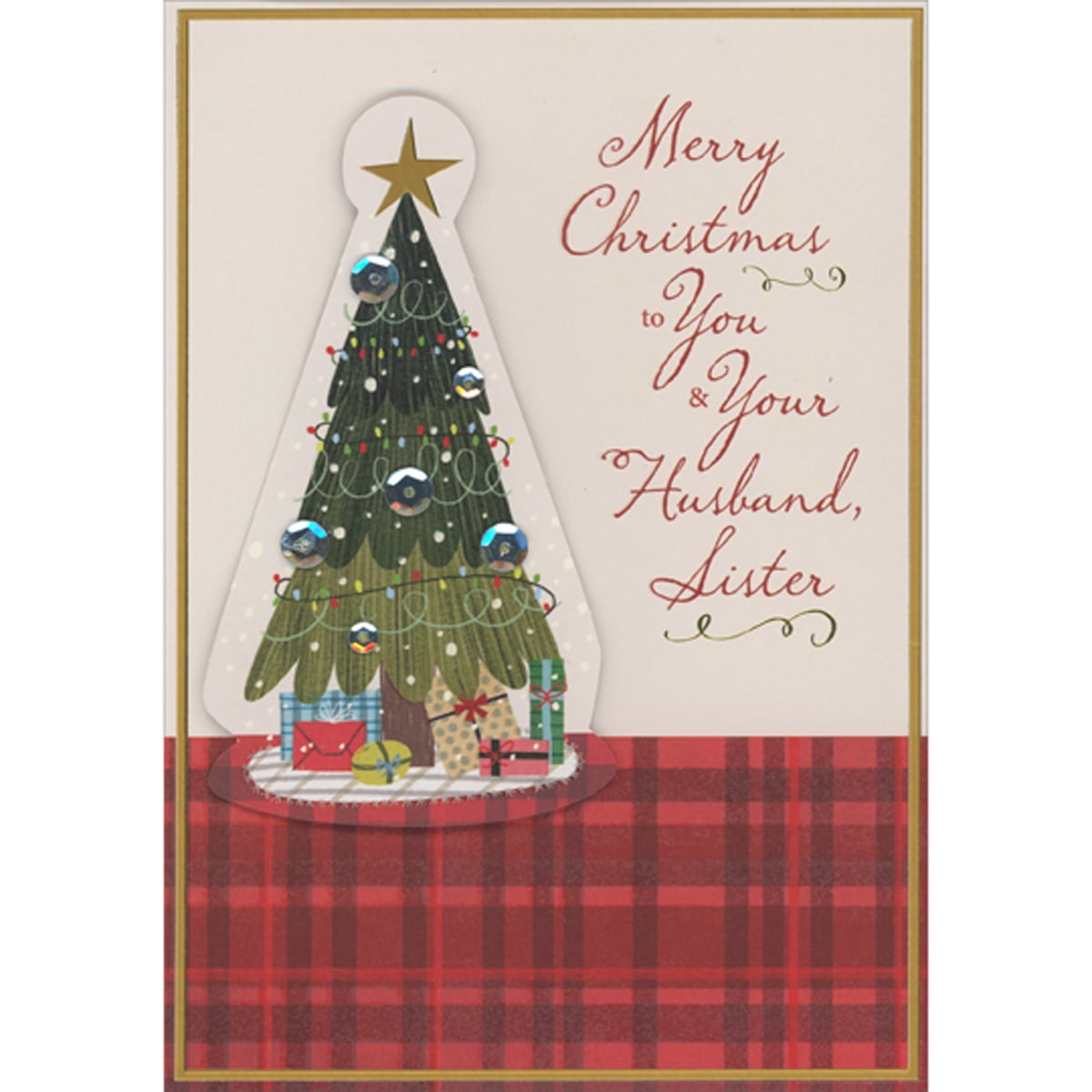 Designer Greetings 3D Die Cut Tree, Silver Sequin Ornaments, Red Plaid ...