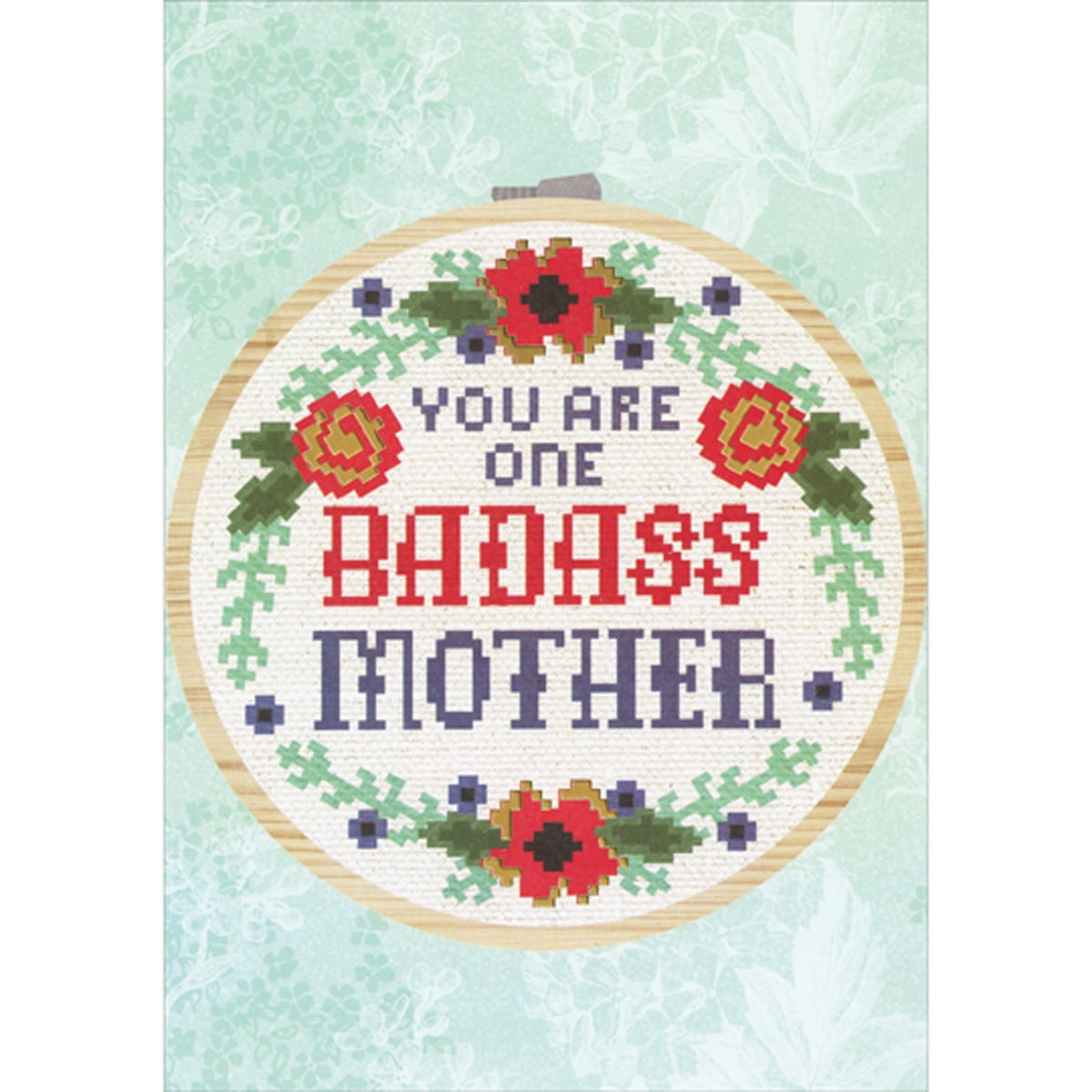 Designer Greetings Badass Mother: Crosss Stitch in Circular Frame with Floral Border Funny ...