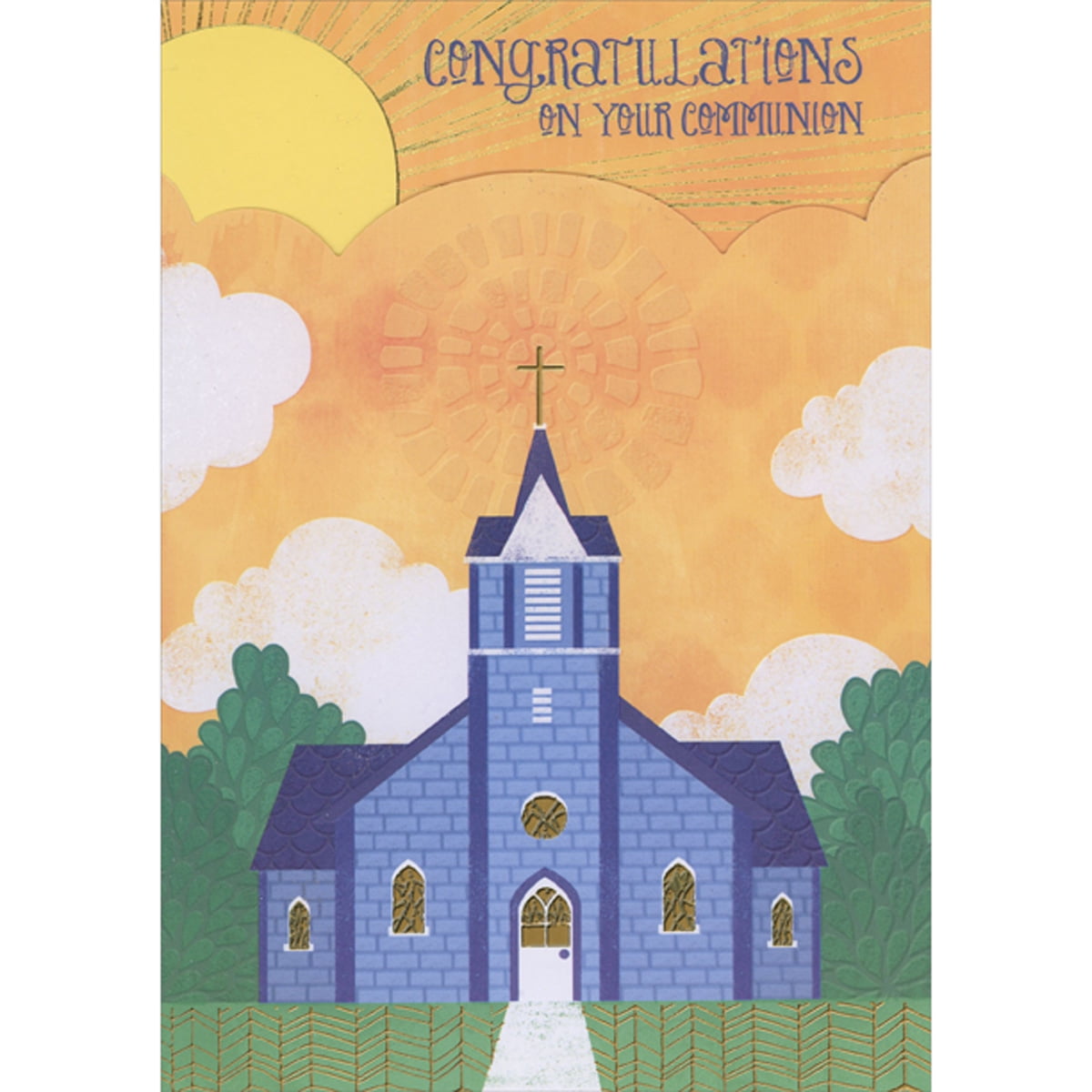 Designer Greetings Blue Brick Church with Gold Foil Windows Under ...