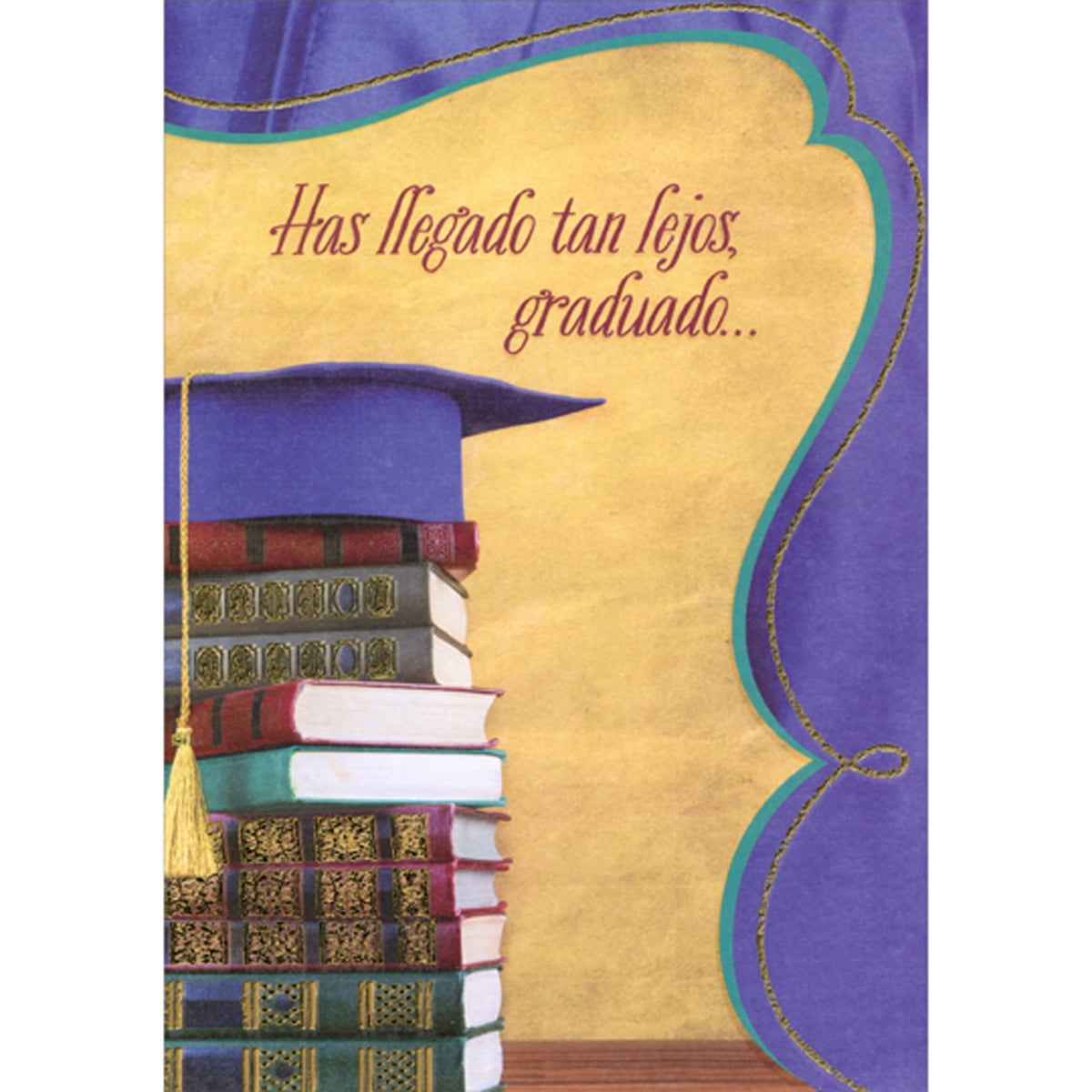 Designer Greetings Blue Grad Cap on Stack of Books with Gold Foil ...