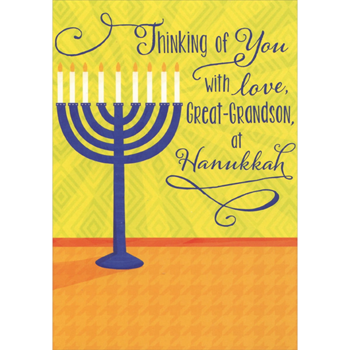 Designer Greetings Blue Menorah, White Candles, Orange Flames on Yellow ...