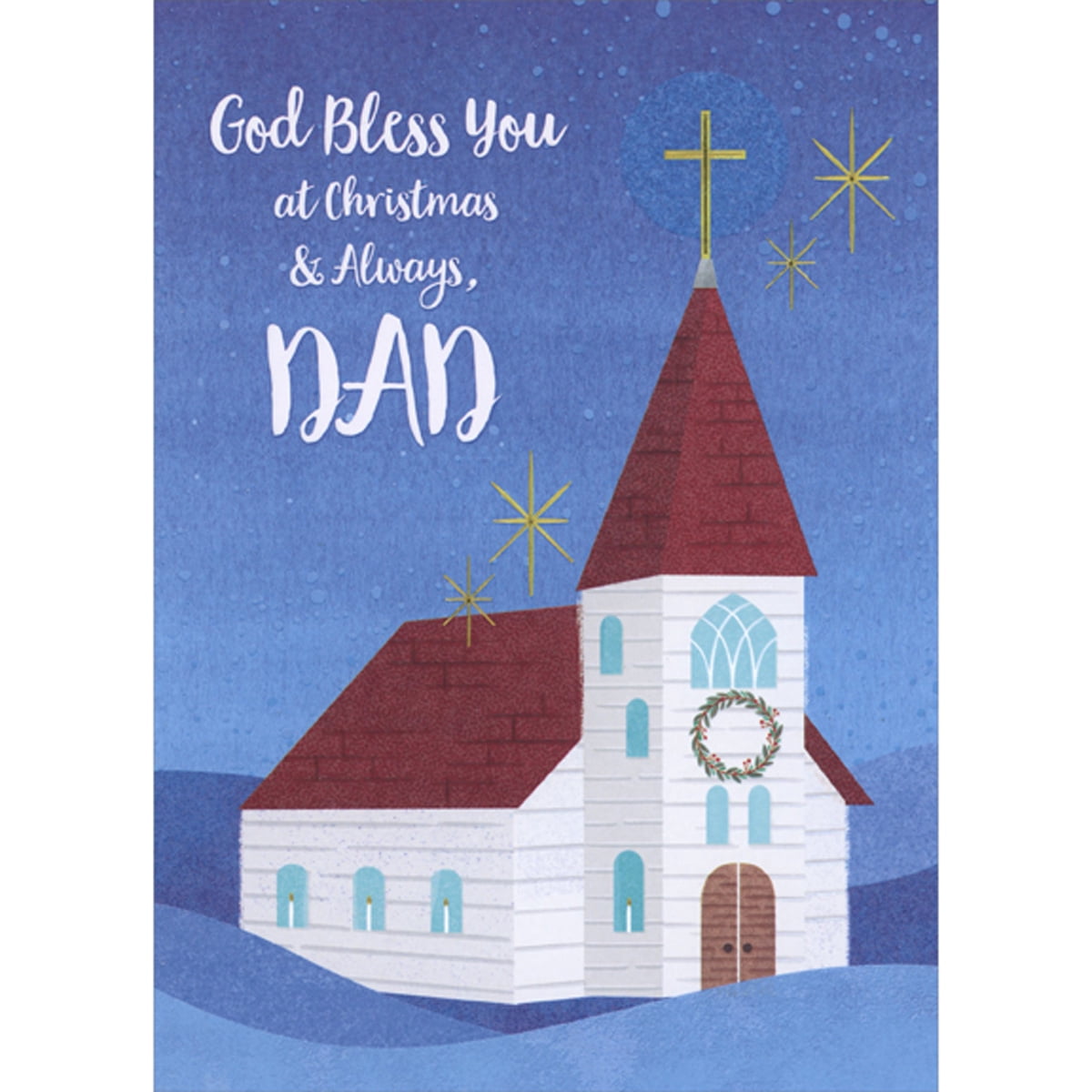 Designer Greetings Church with Blue Windows and Gold Cross Against Dark ...