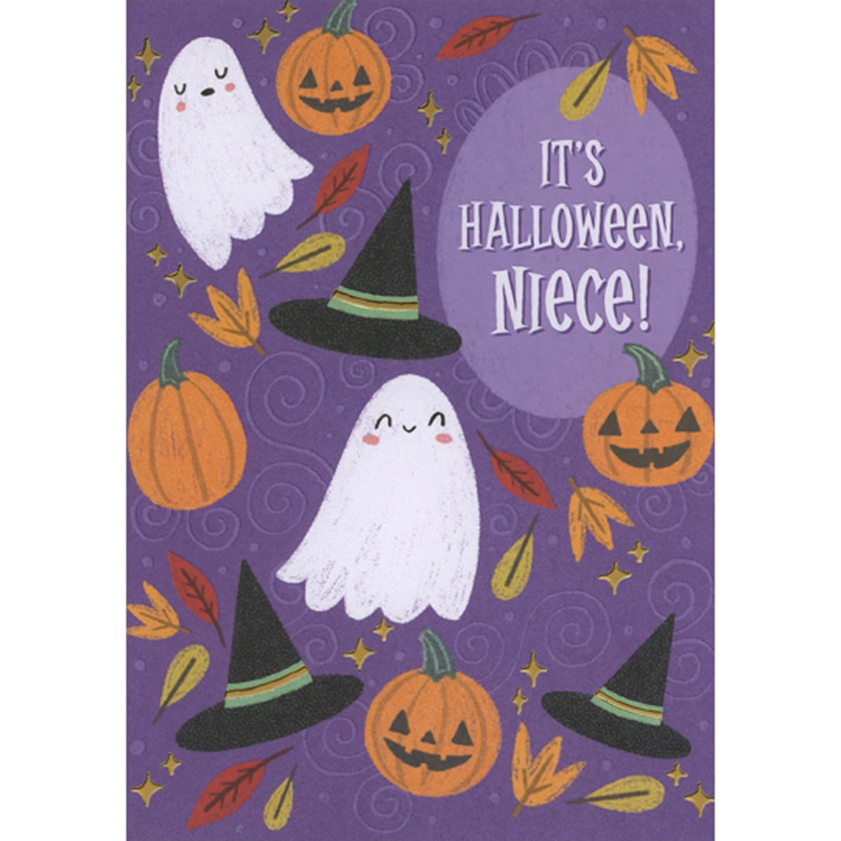 Designer Greetings Cute Ghosts, Pumpkins, Hats, Leaves and Swirls on Purple Halloween Card for ...