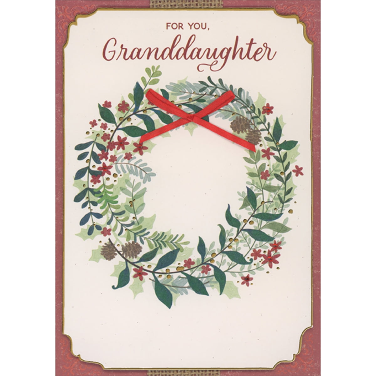 Designer Greetings Gold Trimmed 3D Panel, Wreath, Gems and Red Bow Over ...