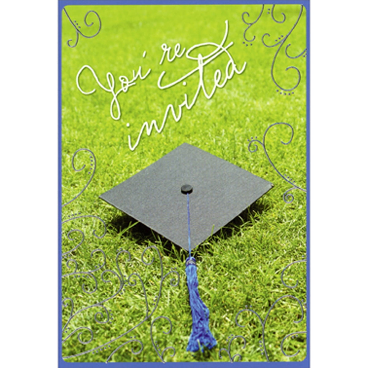 Designer Greetings Grad Cap and Blue Tassel on Grass Photo with Silver ...