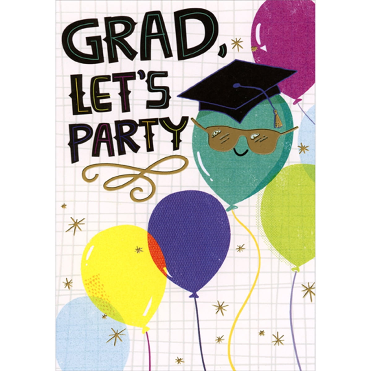 Designer Greetings Grad, Let's Party: Green Balloon Wearing Gold Foil ...
