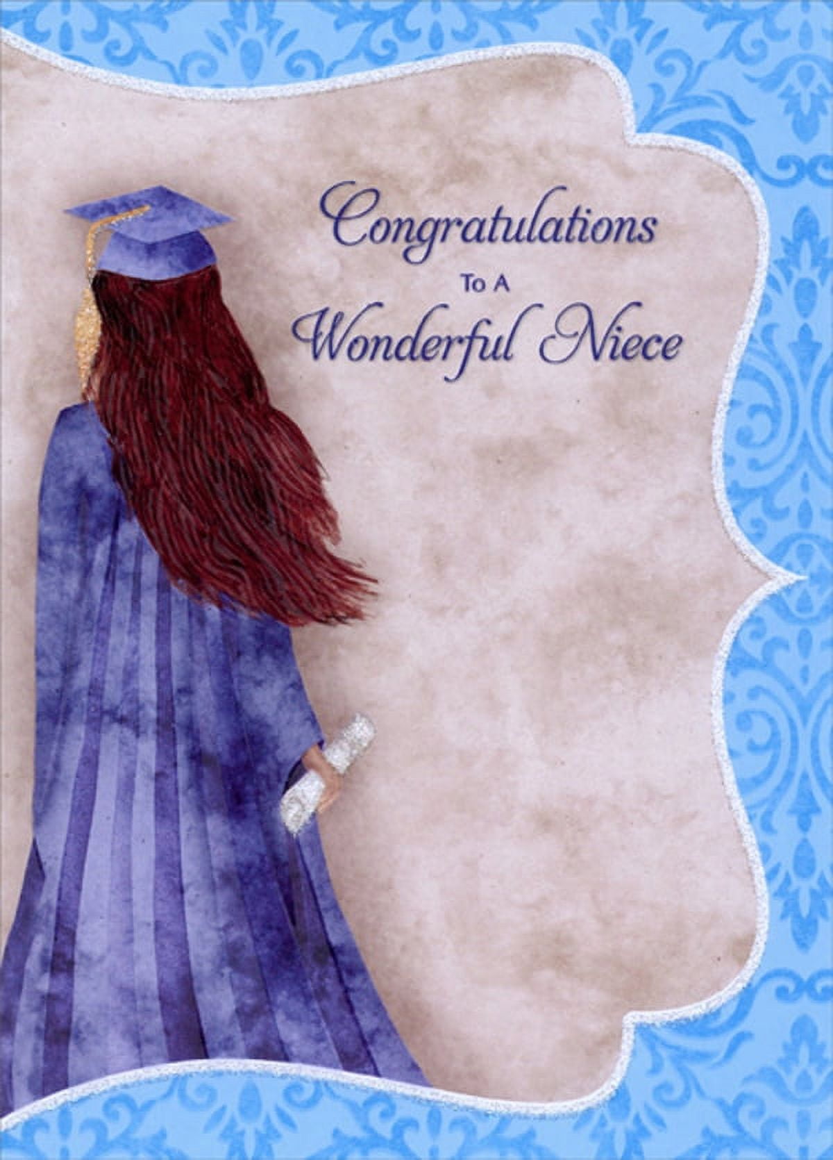 Designer Greetings Grad with Flowing Brown Hair Wearing Blue Gown ...