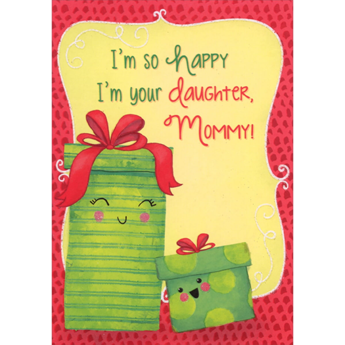 Designer Greetings Green Smiley Faced Presents with Red Bows and Red ...