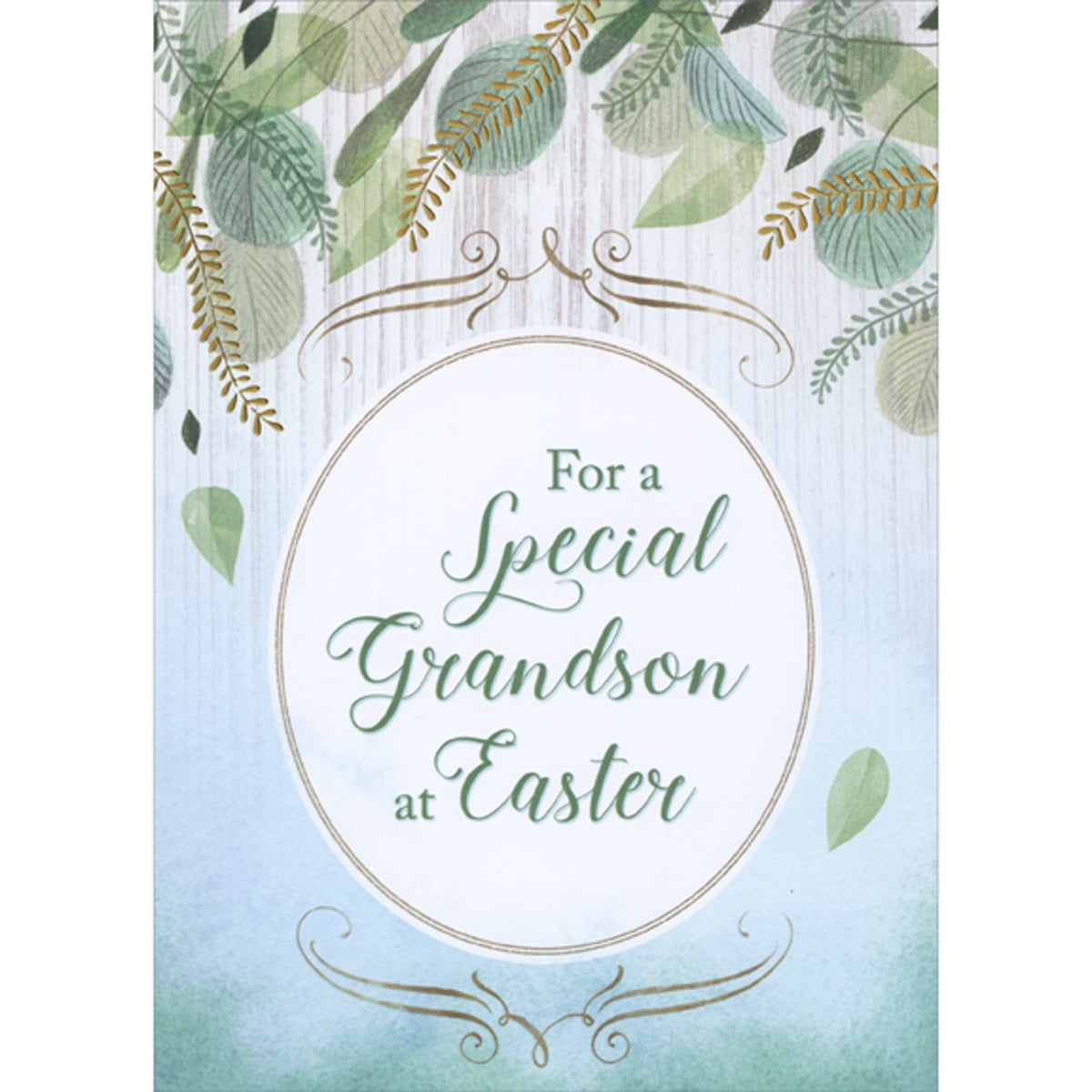 Designer Greetings Hanging Leaves and Gold Foil Vines Above White Egg ...