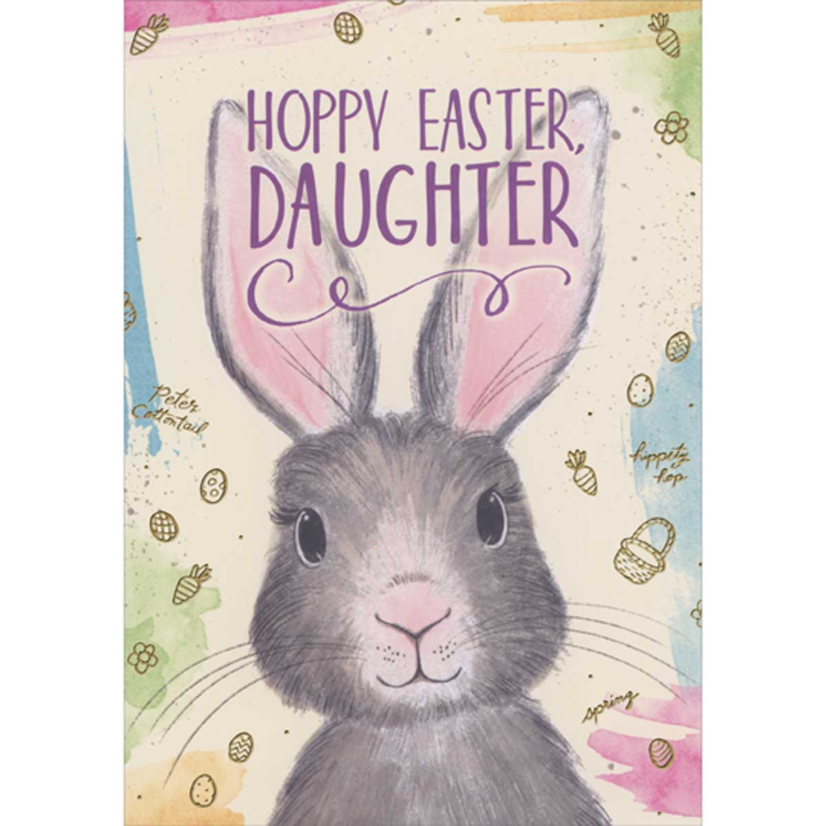 Designer Greetings Hoppy Easter: Gray Rabbit Closeup, Gold Foil Eggs ...