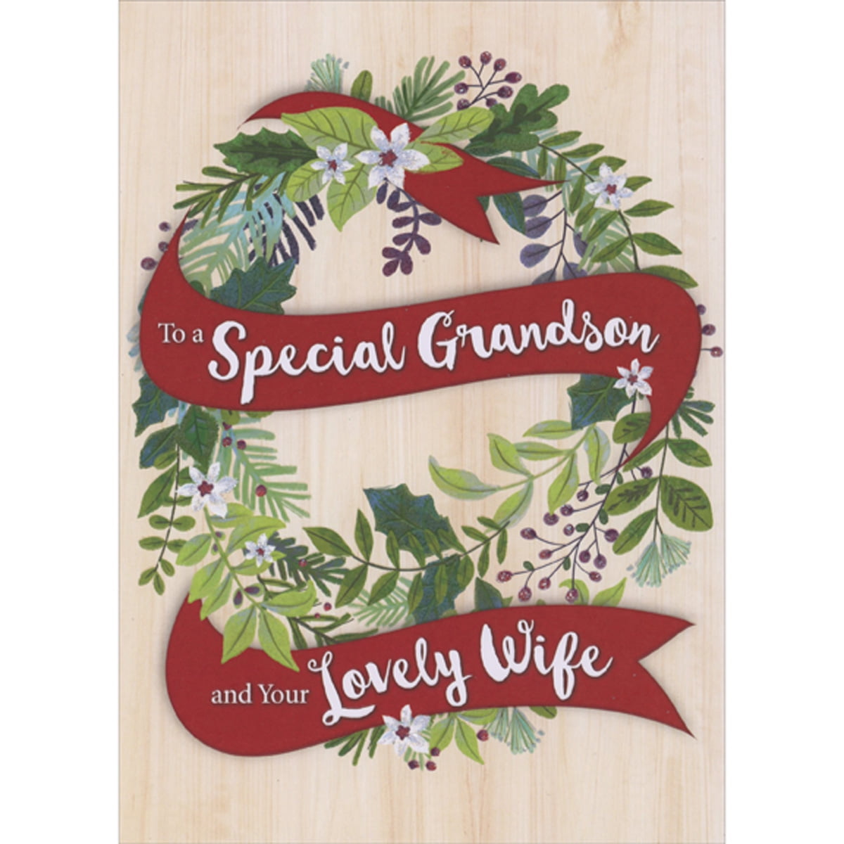 Designer Greetings Red Banner and Wreath of White Flowers, Green Vines ...