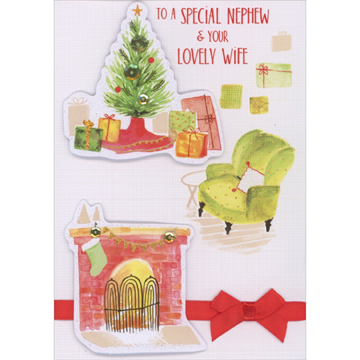 Designer Greetings Room with 3D Tip-On Tree, Fireplace and Red Ribbon ...