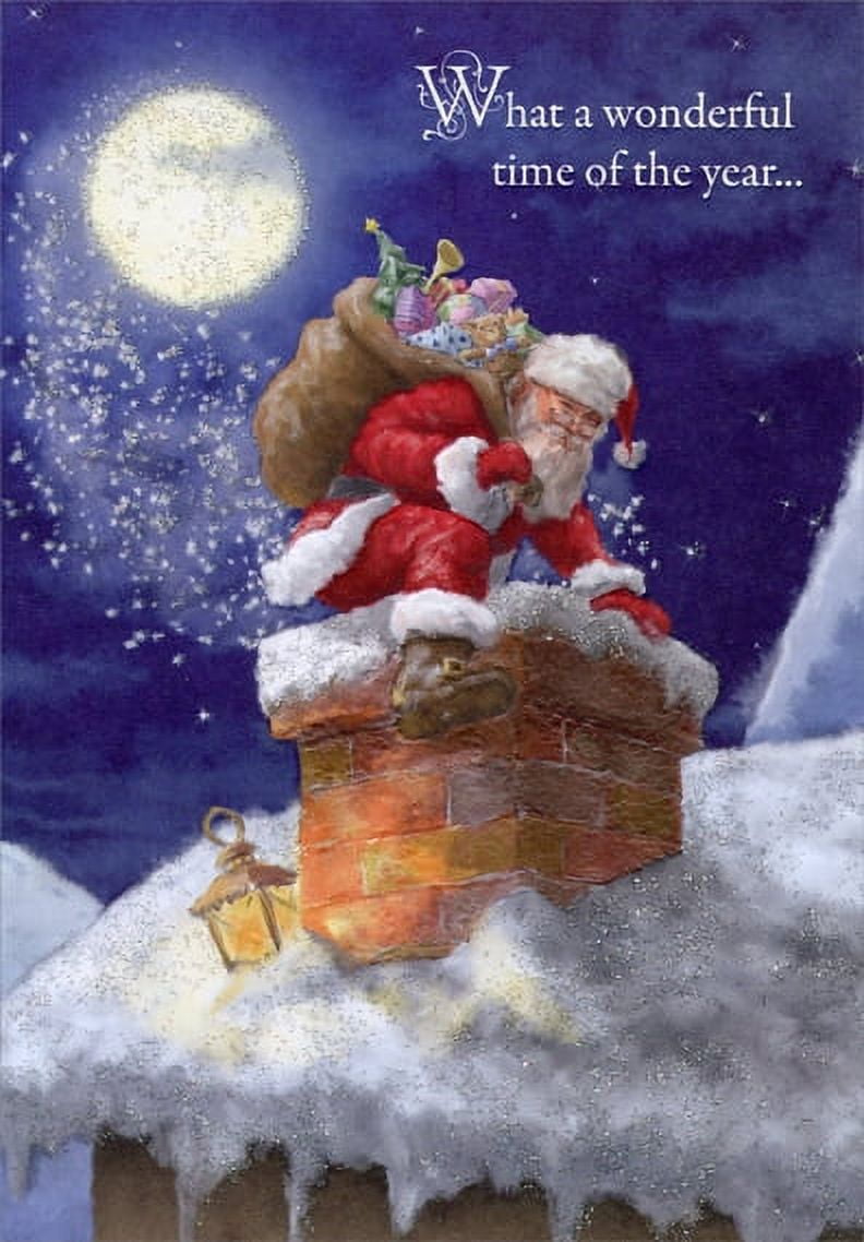 Designer Greetings Santa Climbing Into Chimney on Sparkling Snow ...