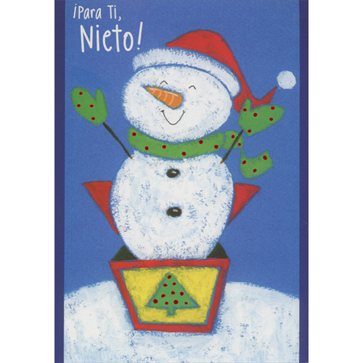 Designer Greetings Smiling Snowman Popping Out of Box Spanish Language ...