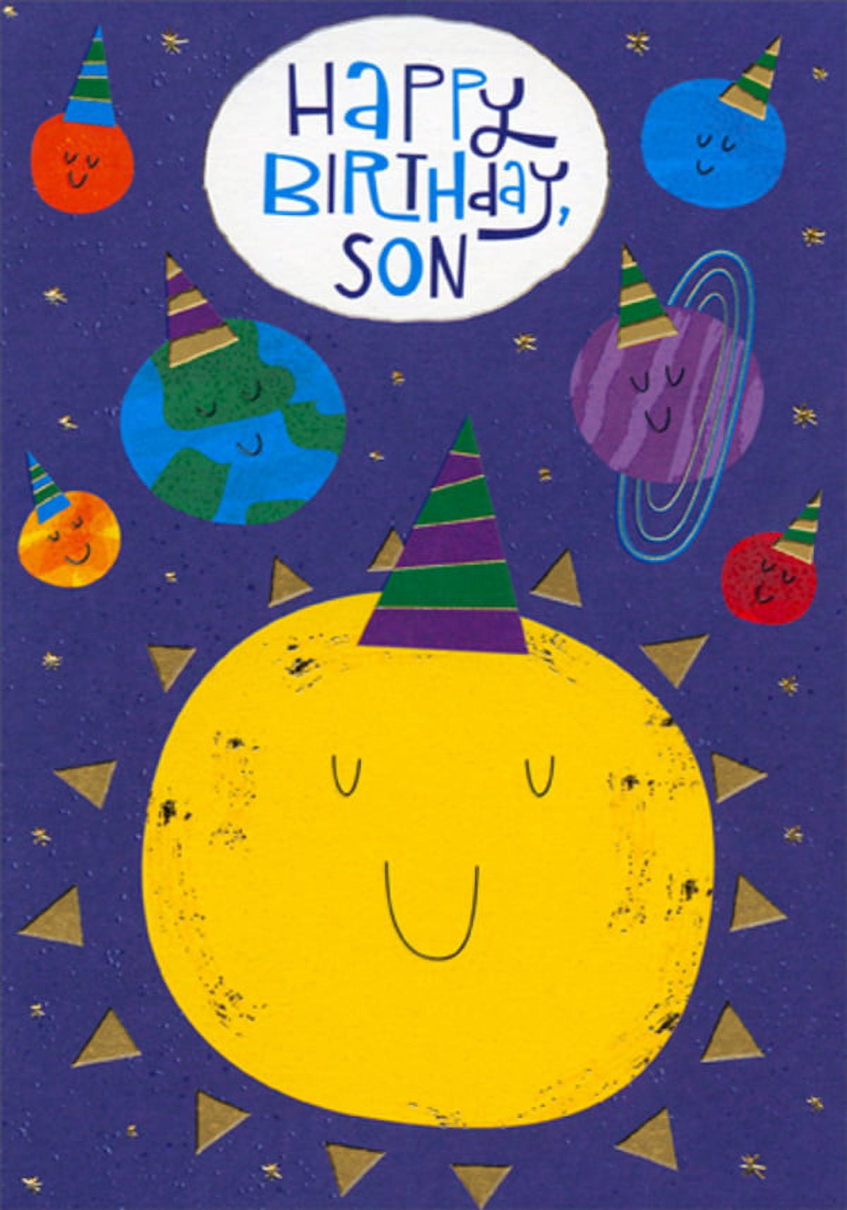 Designer Greetings Smiling Yellow Sun with Party Hat and Planets ...