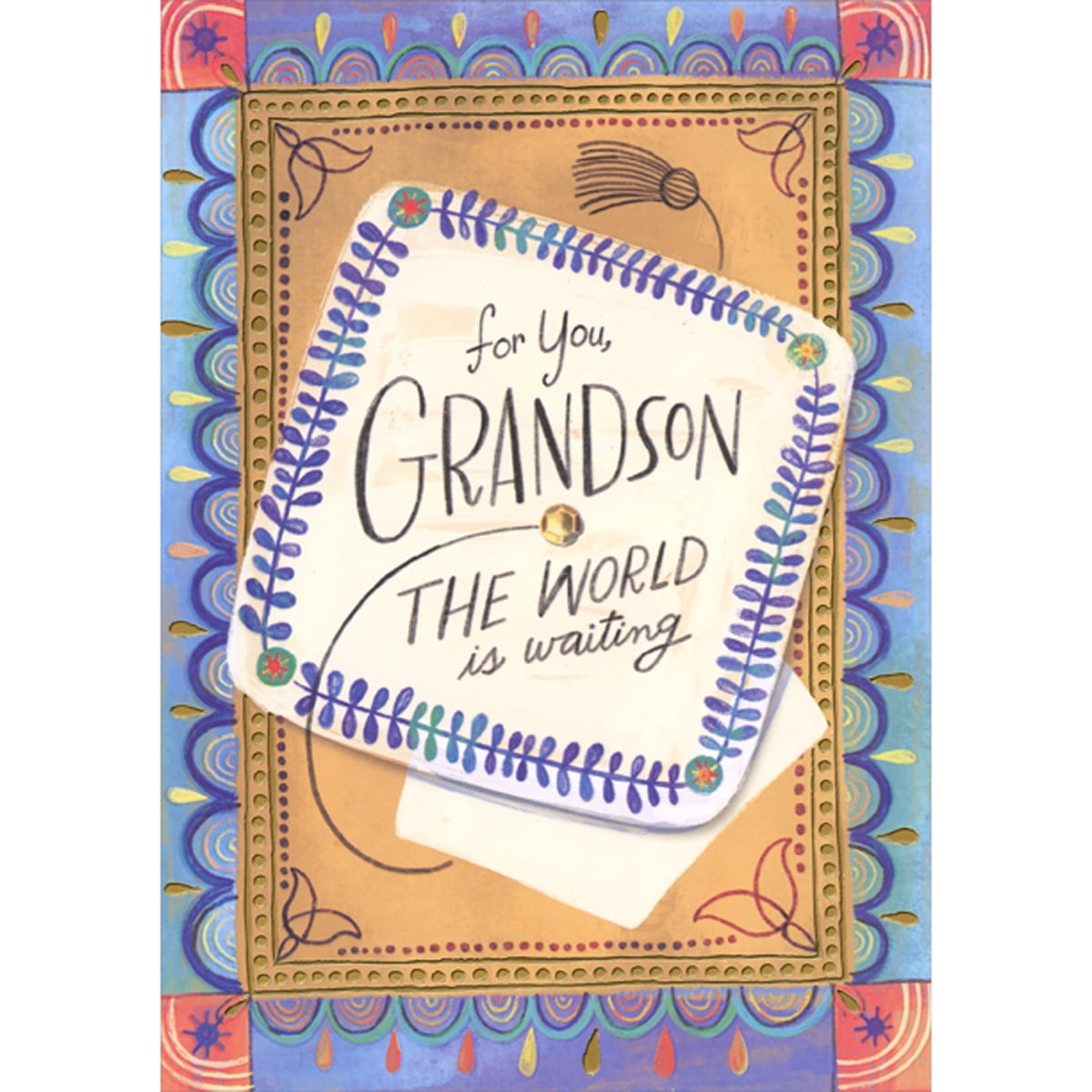 Designer Greetings The World is Waiting Square Banner Over Gold Dot ...