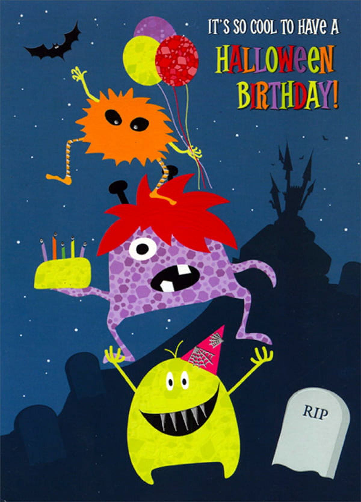 Designer Greetings Three Silly Monsters with Balloons and Cake Juvenile ...