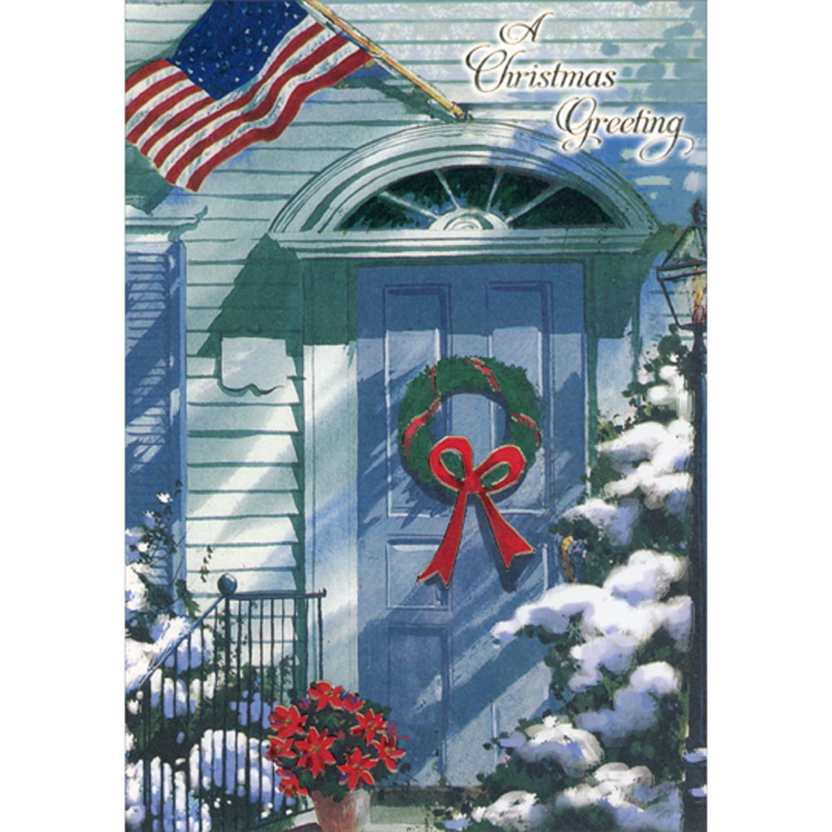 Designer Greetings US Flag Waving Above Wreath with Red Bow on Blue ...
