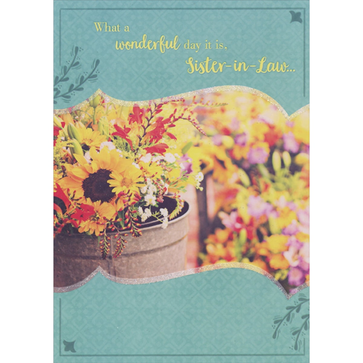 Designer Greetings Yellow Sunflower Pot Photo, Waving Banner on Blue ...