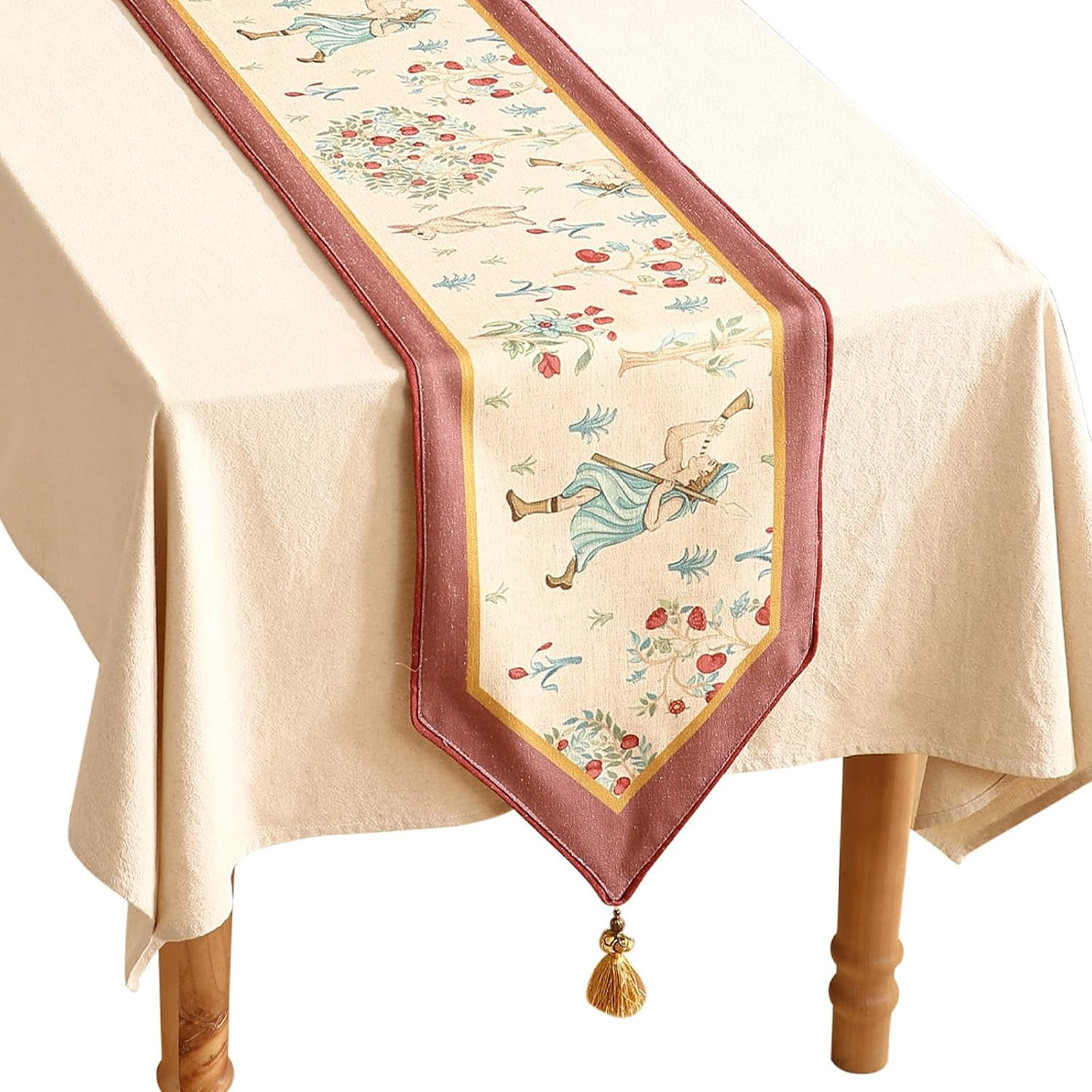 Designer Idyll Linen Table Runner, Vintage Beige Farmhouse with Ancient ...