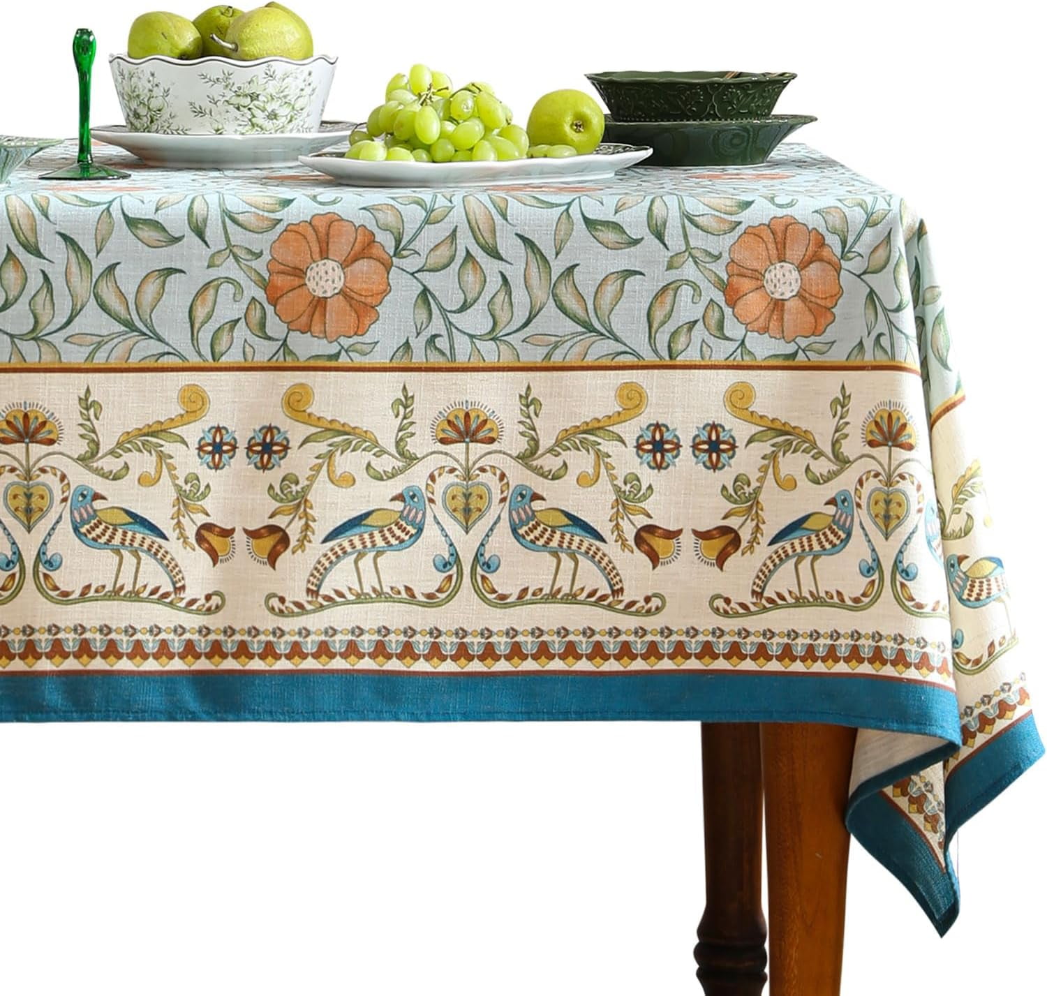 Designer Linen Green Rectangle Tablecloth,Framhouse Violets Pattern ...