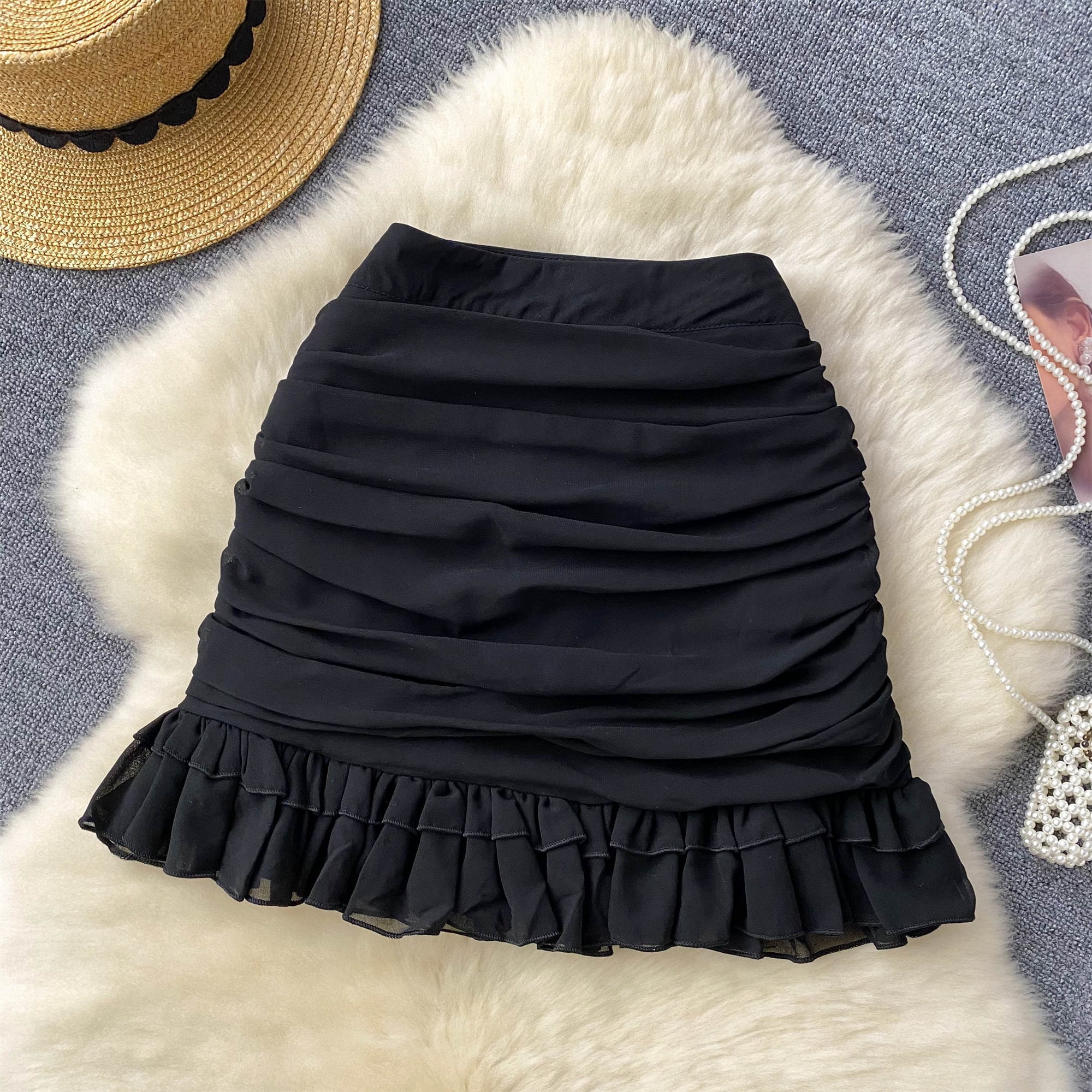 Designer Midi Skirt for Women Ruffles Folds A-line Anti-emptied Wrapped ...