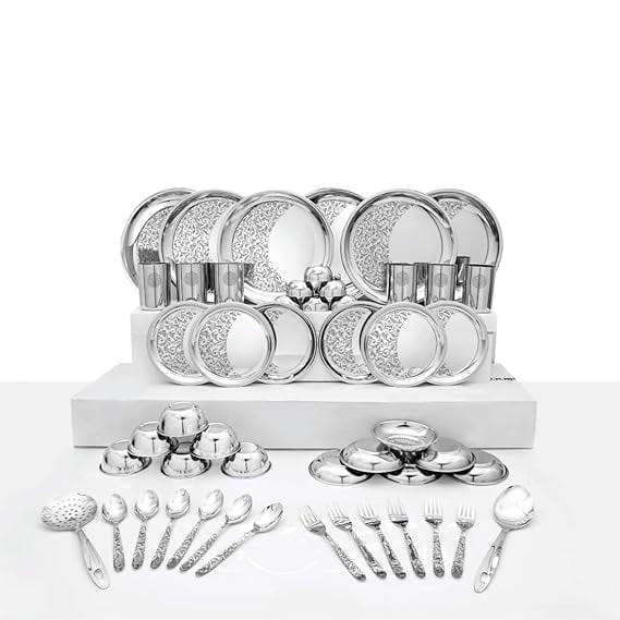 Designer Stainless Steel Delight Laser Bloom Dinner Set, 50 Pieces ...