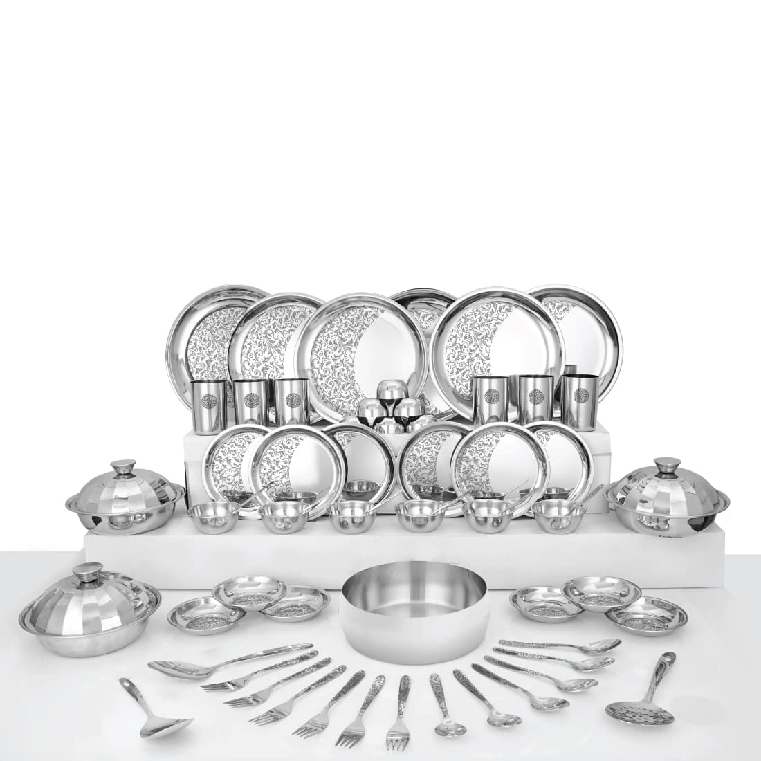 Designer Stainless Steel Delight Laser Bloom Dinner Set Of 61 Pieces ...
