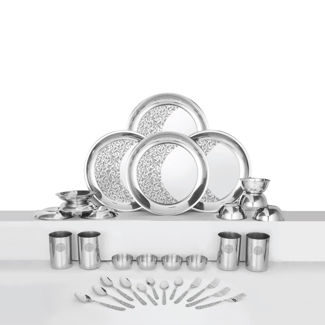 Designer Stainless Steel Delight Laser Bloom Leaf Dinner Set Of 32 ...