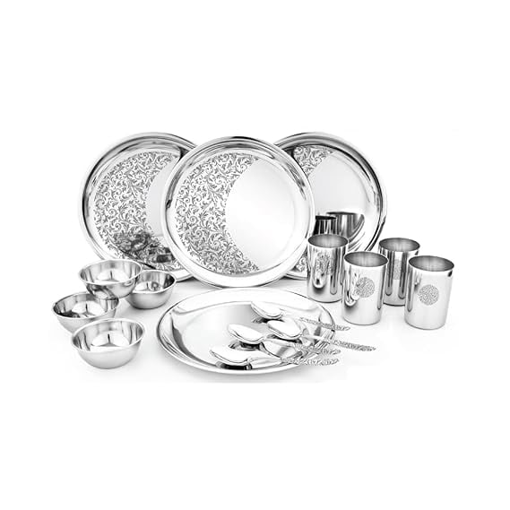 Designer Stainless Steel Leaves Delight Laser Bloom Dinner Set, 16 ...