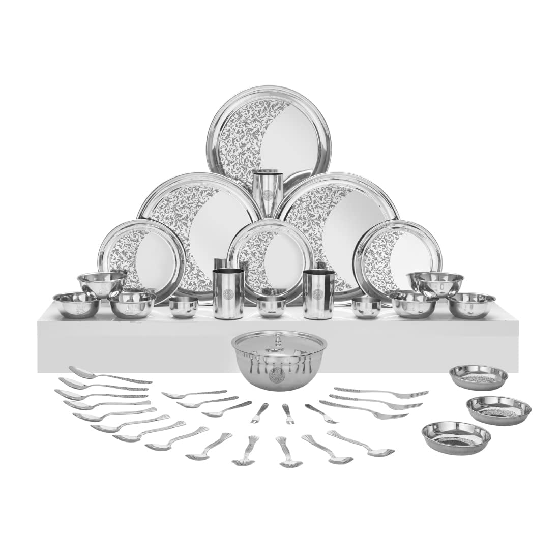 Designer Stainless Steel Shagun Laser Bloom Dinner Set Of 45 Pieces ...