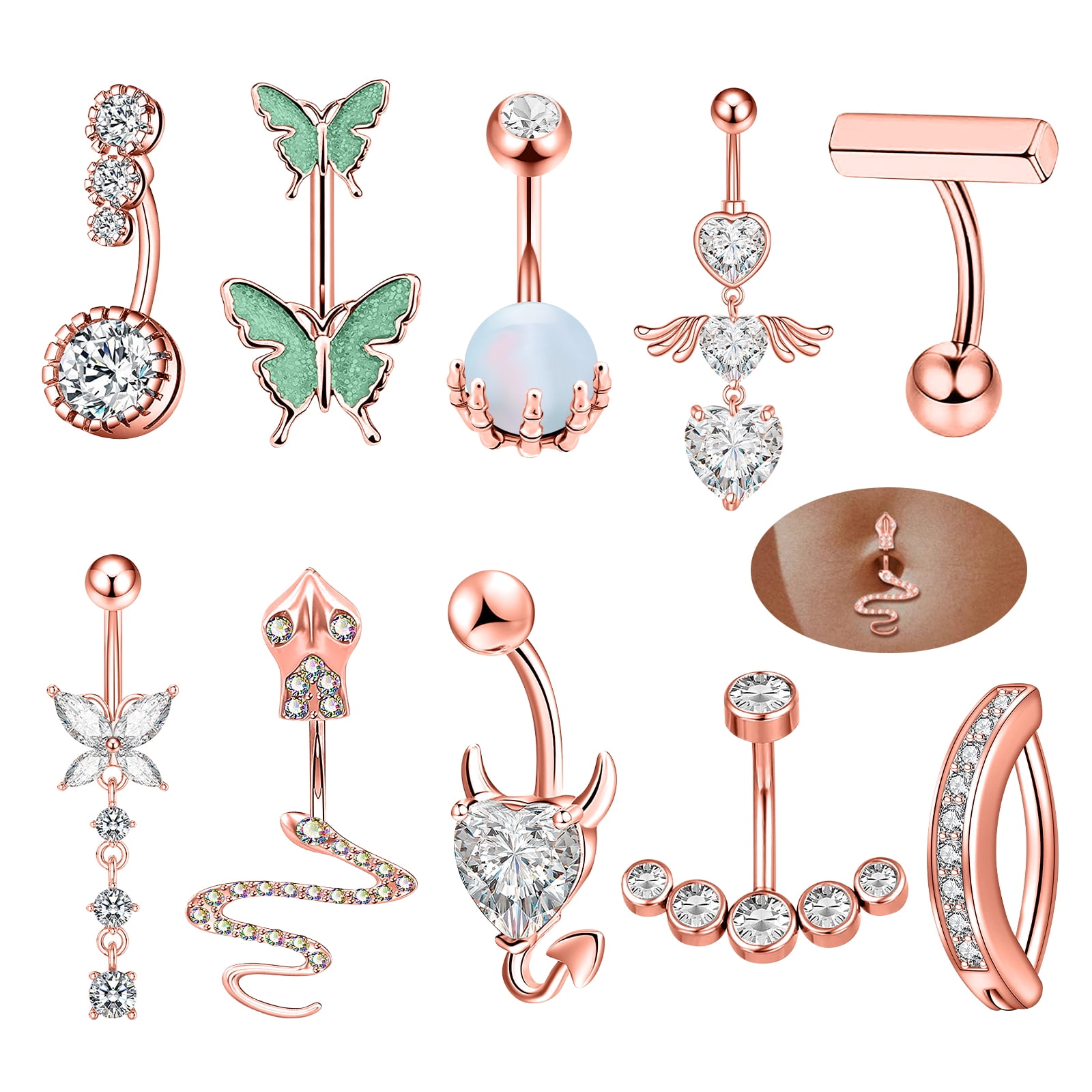 Designice 10Pcs Belly Button Ring Rose Gold Navel Rings 14G Mix Styles ...