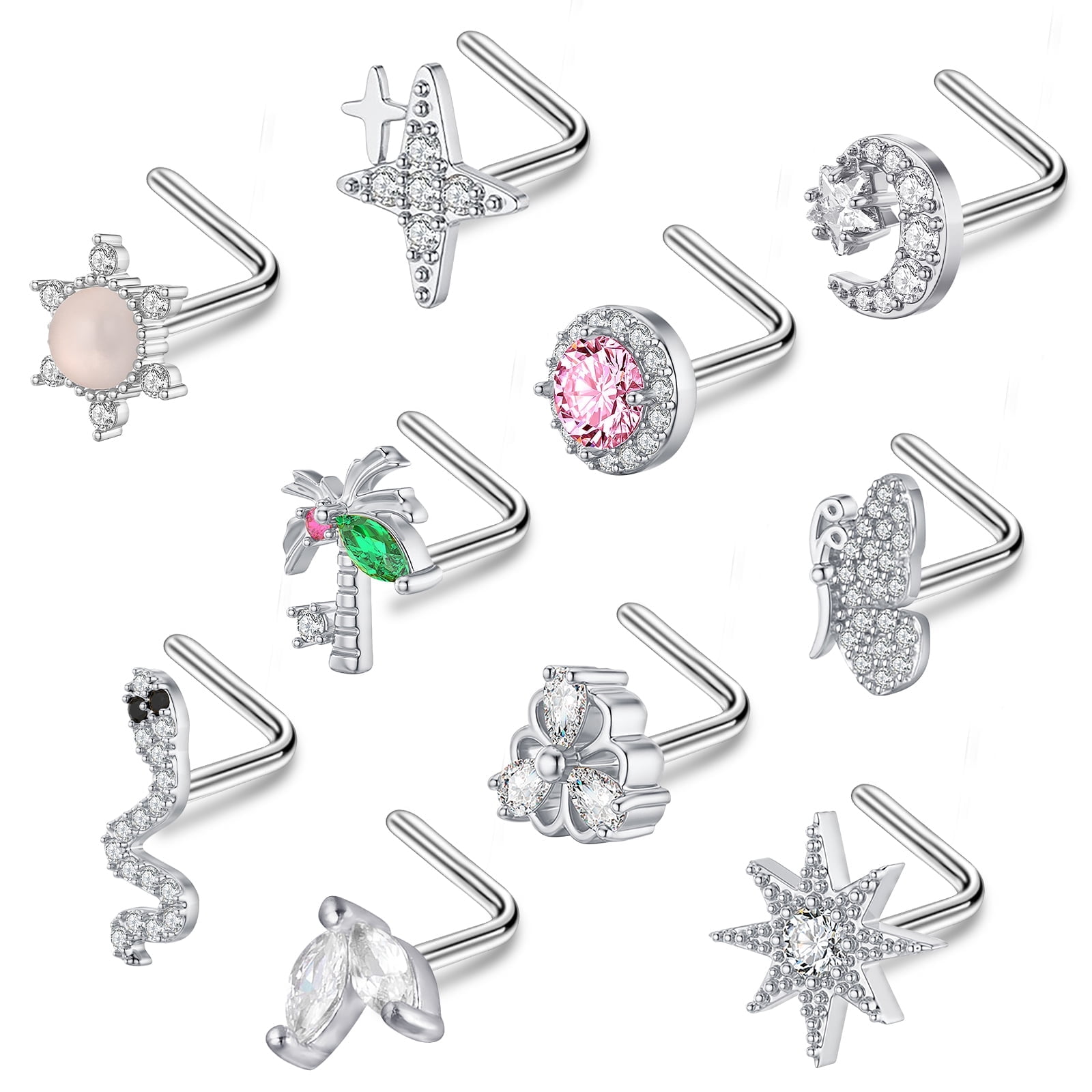 Designice 10Pcs Nose Rings L Shaped Nose Piercings Silver Surgical ...