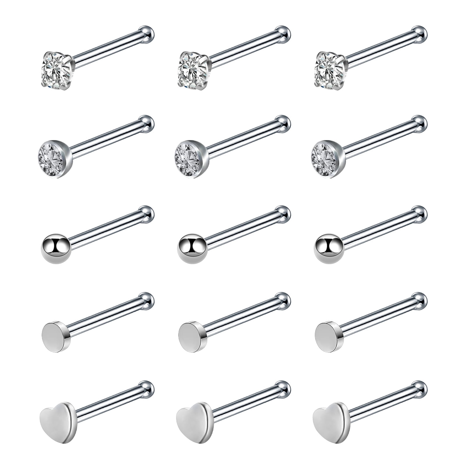 Designice 15 Pcs Nose Rings Mix Shaped Nose Studs 20G Cubic Zirconia ...