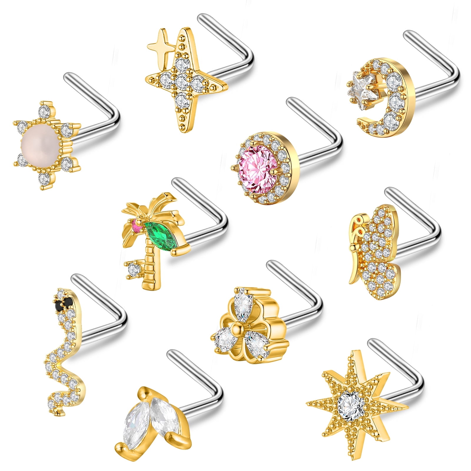 Designice 20G Nose Rings L Shaped Nose Studs Nose Piercing Jewelry for ...