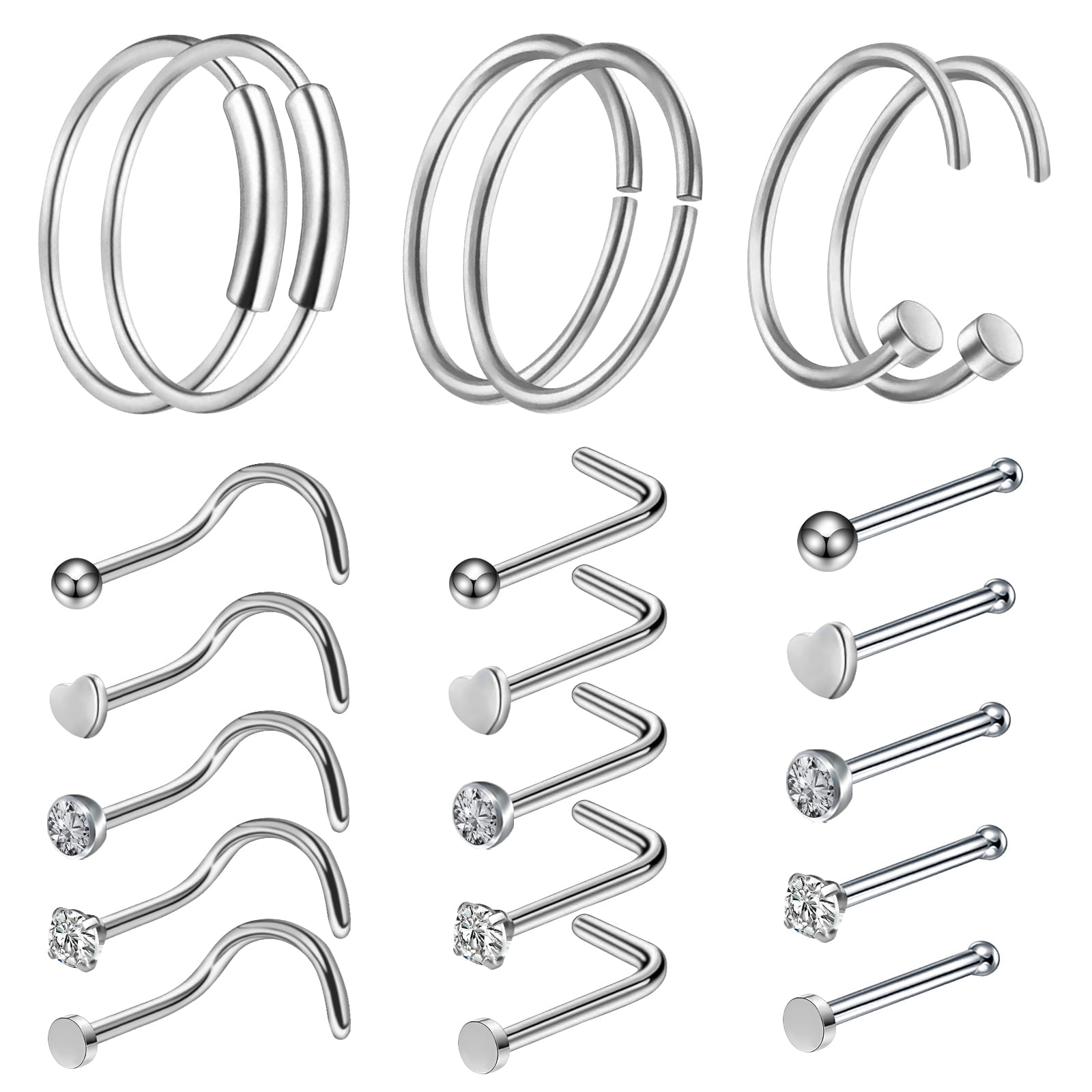 Designice 21Pcs Nose Rings Surgical Steel Nose Studs 20G Nose Screws ...