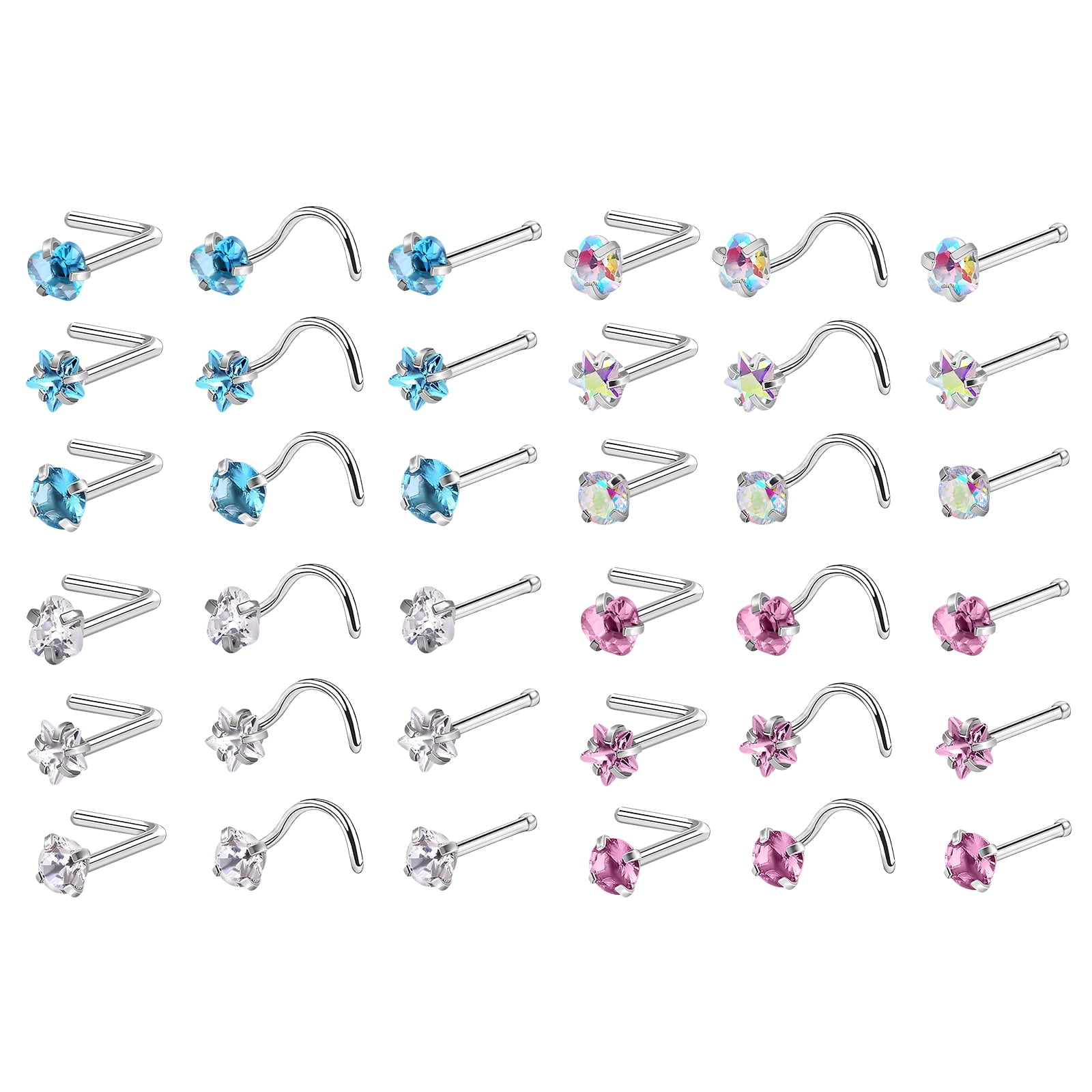 Designice 36Pcs Nose Rings 20G Nose Screws Rings Set Cubic Zirconia ...