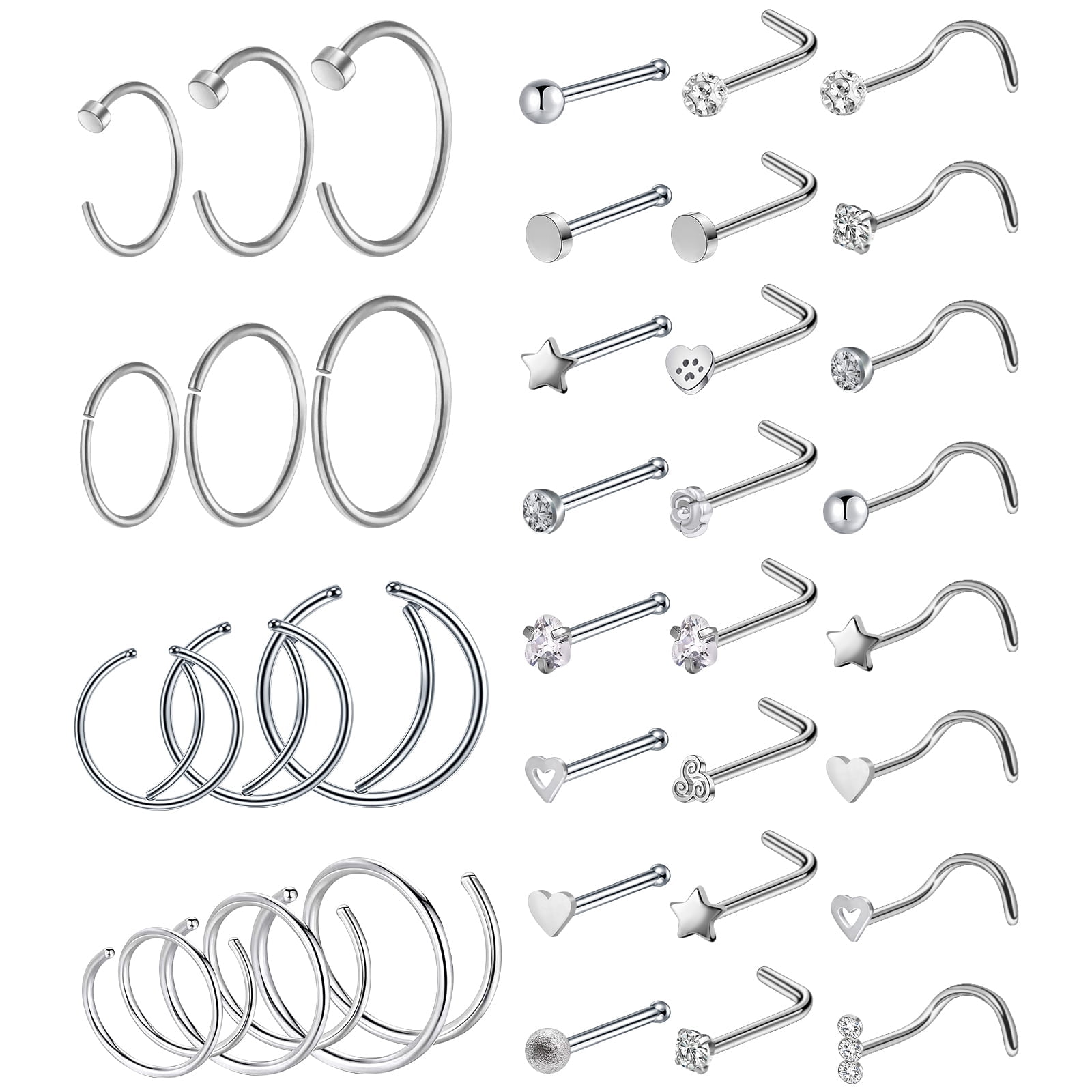 Designice 36Pcs Nose Rings Mix Style Nose Studs Hoop 20G Nose Rings for ...