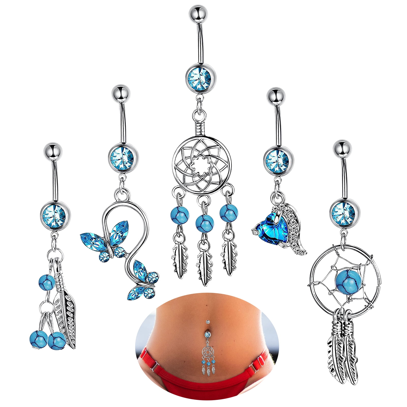 Designice Dangly Belly Button Ring14g Belly Jewelry5pcs Banana Bars Belly Button Piercingblue