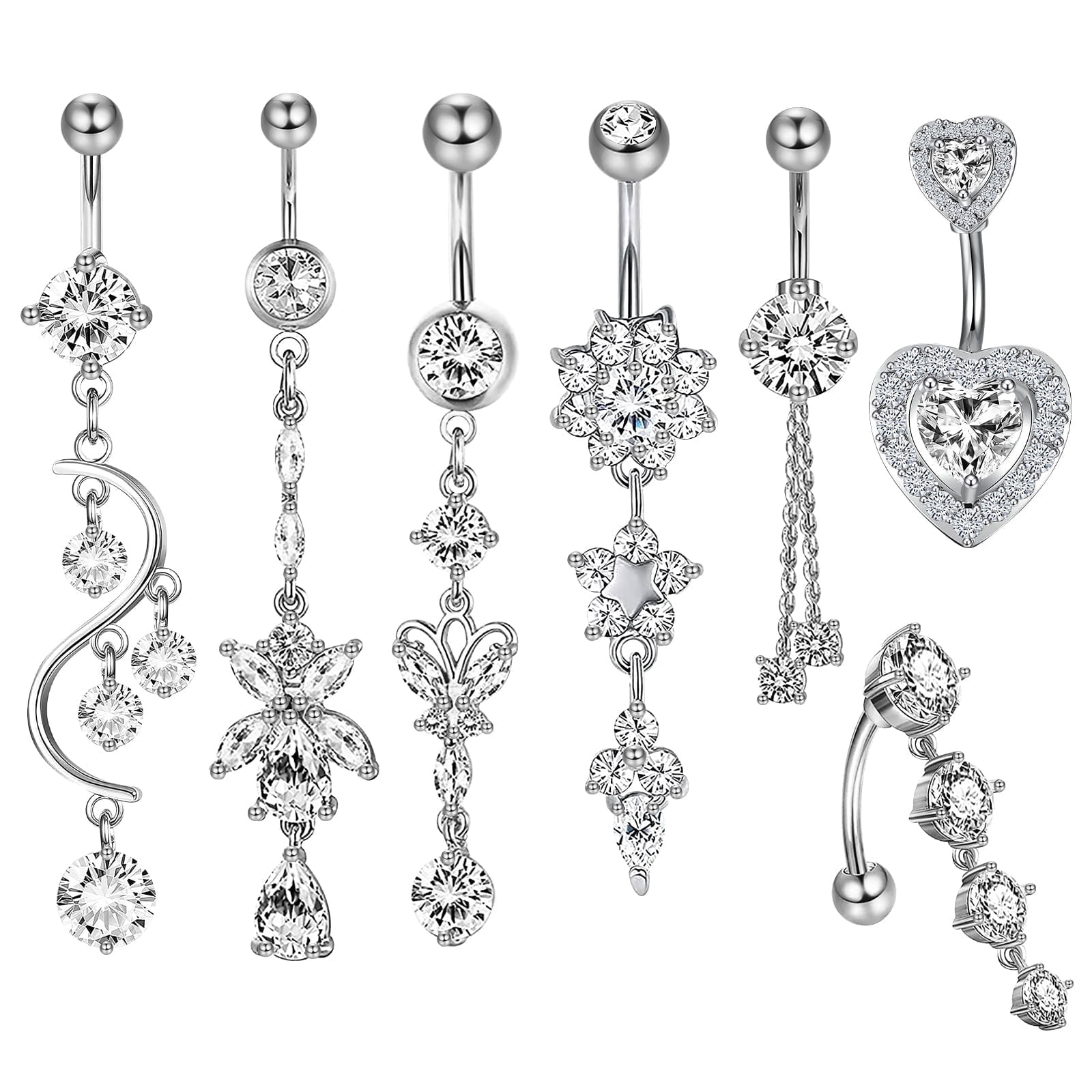 DESIGNICE 7Pcs Dangly Belly Button Ring,14G Navel Rings,CZ Belly Button ...
