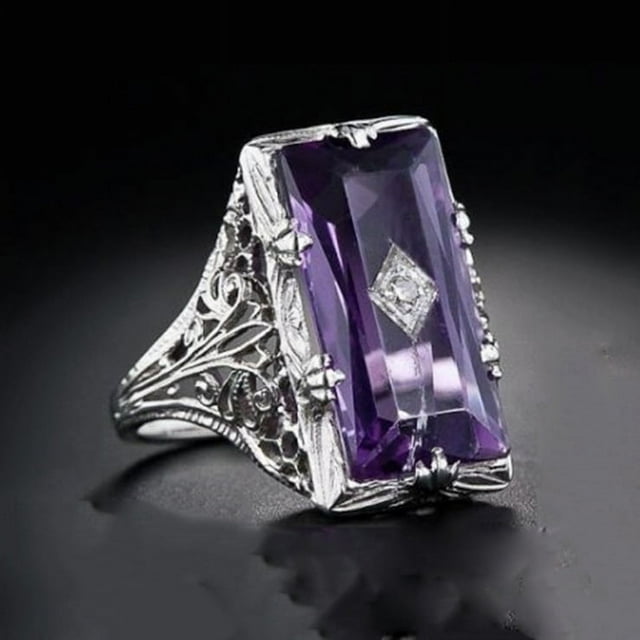 Designice Women's Chamfer Rectangular Amethyst Hollow Flower Ring ...