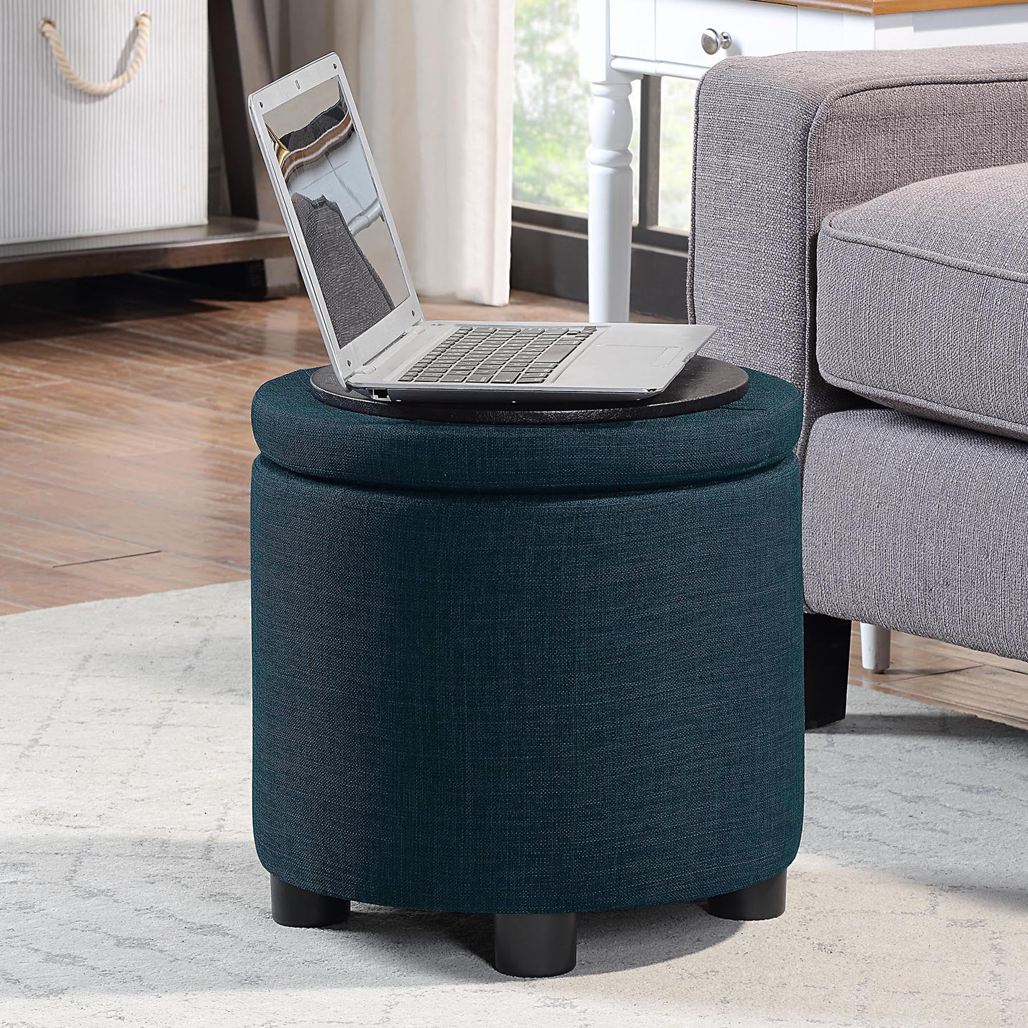 Designs4Comfort Round Accent Storage Ottoman with Reversible Tray Lid Dark Blue Fabric