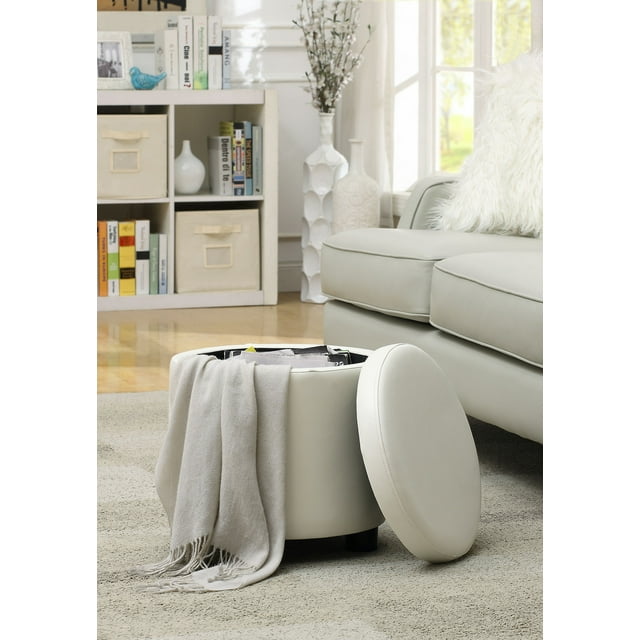 Designs4Comfort Round Ottoman with Reversible Tray Lid, Ivory Faux ...