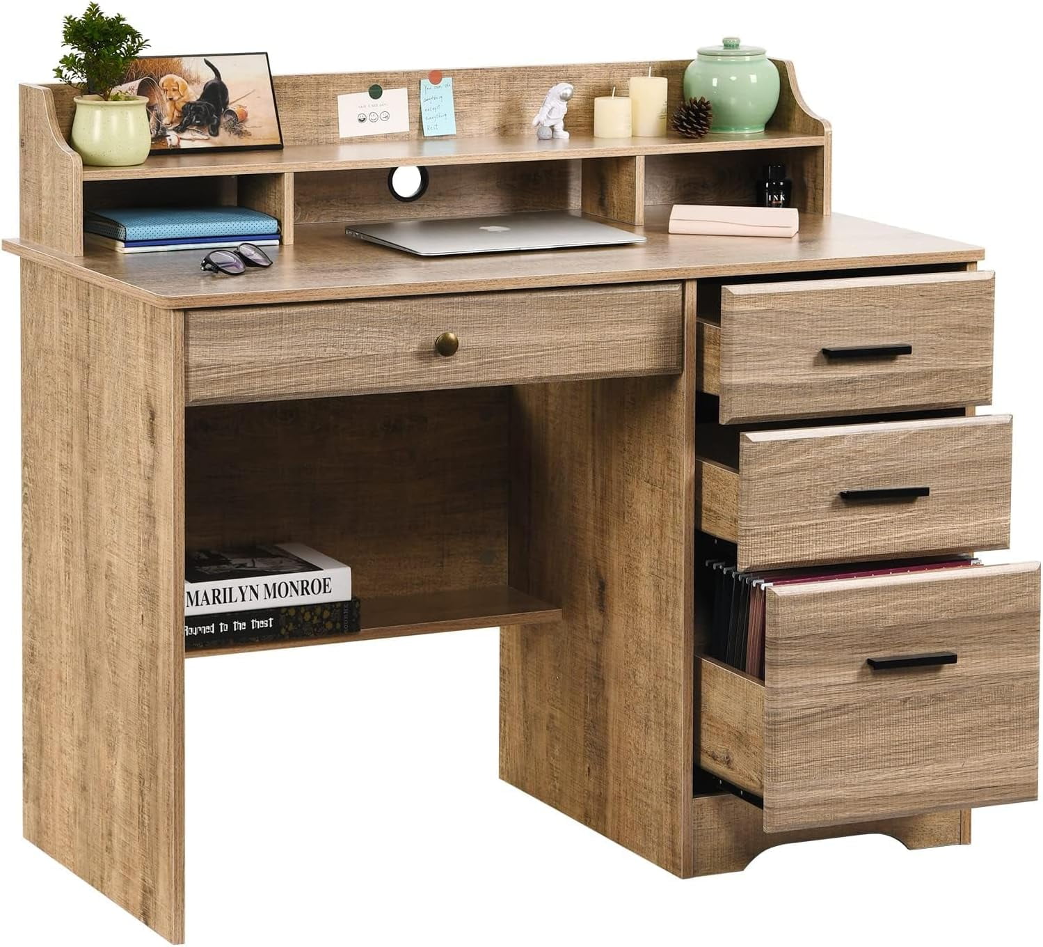 Desk with 4 Drawers and Storage, Small Office Desk with File Drawers ...