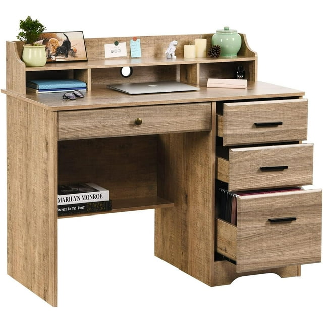 Desk with 4 Drawers and Storage, Small Office Desk with File Drawers ...