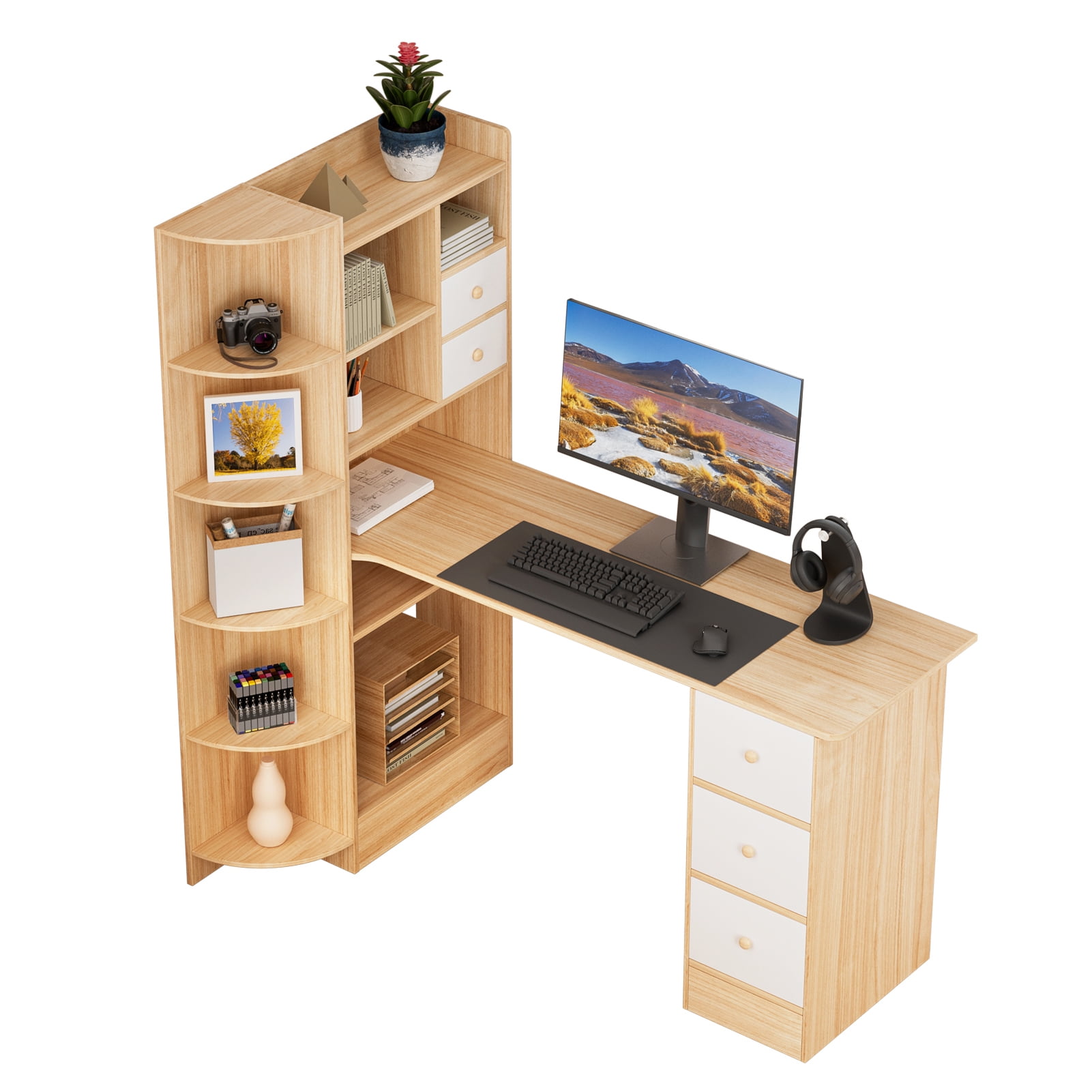 Desk Bookshelf Combo, 2-in-1 L-Shaped Computer Desk with Bookshelf ...