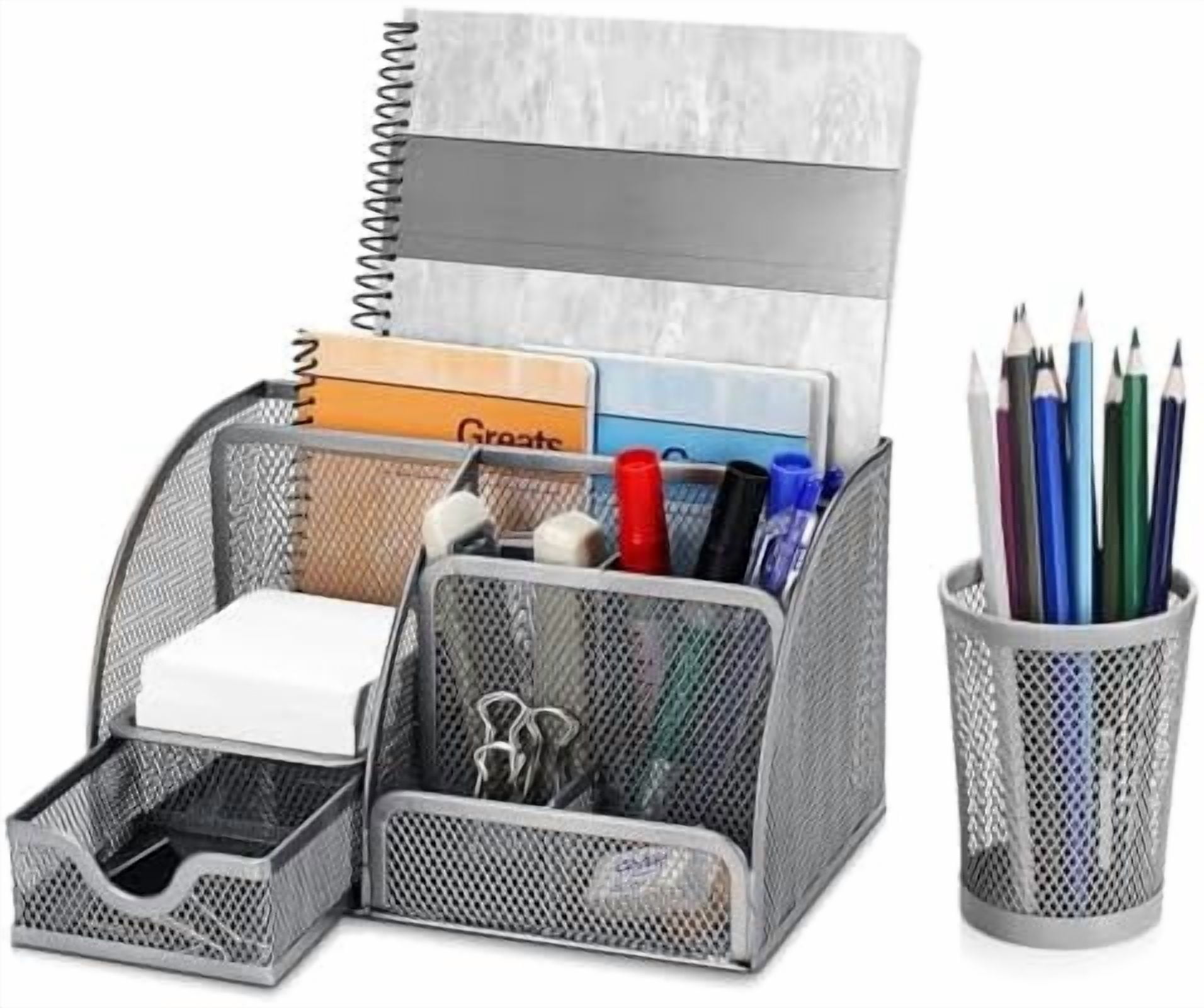 Desk Caddy Organizer Set (Silver Gray) - Metal Mesh Desktop Caddy with ...